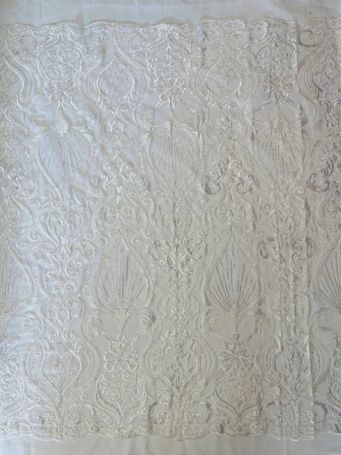 Damask Leaf Bead Fabric - White - Heavy Beaded Embroidered Sequins Lac