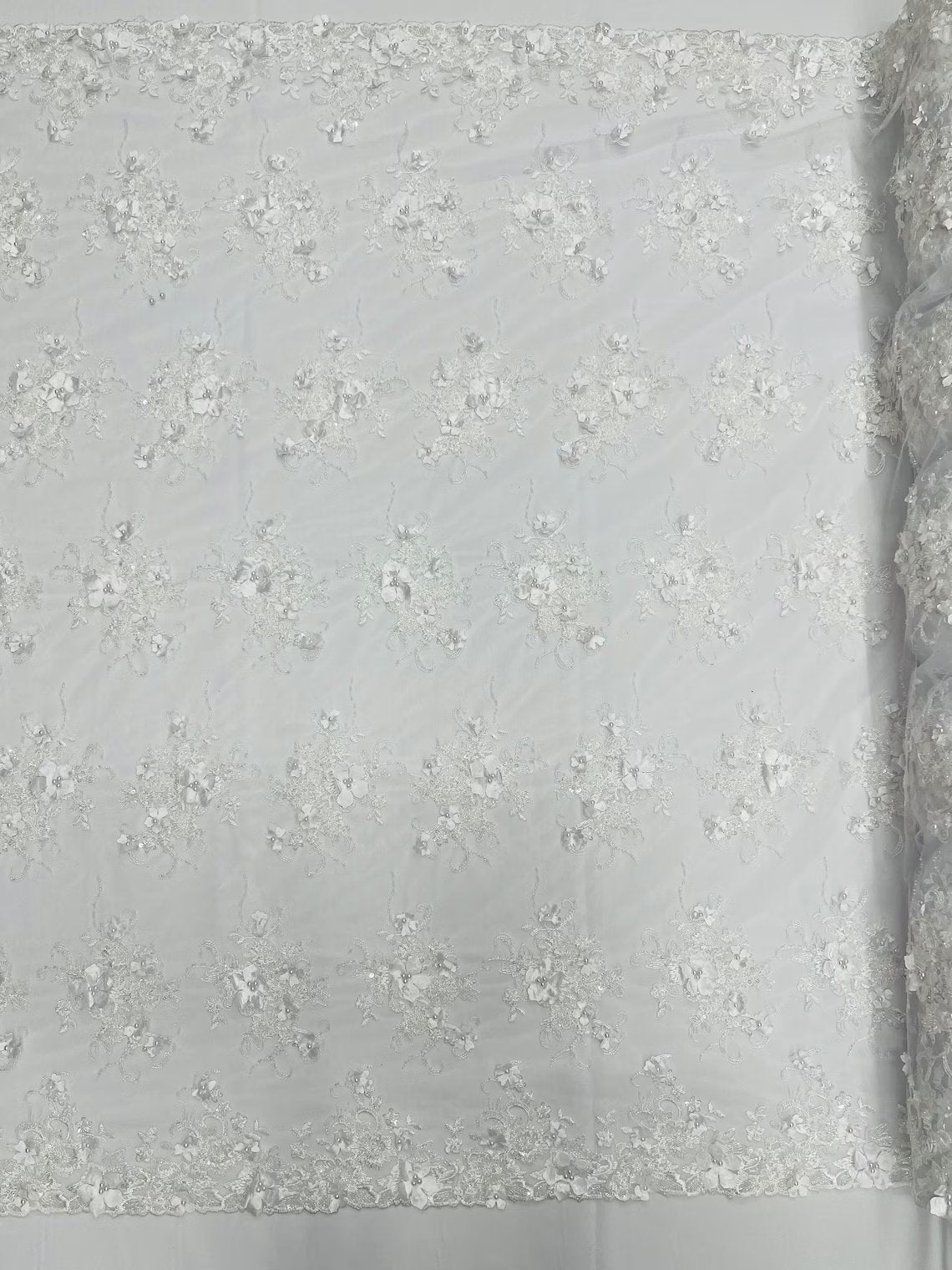 3D Flower Sequins Design - White - Embroidered Pearl Sequins Floral Cl