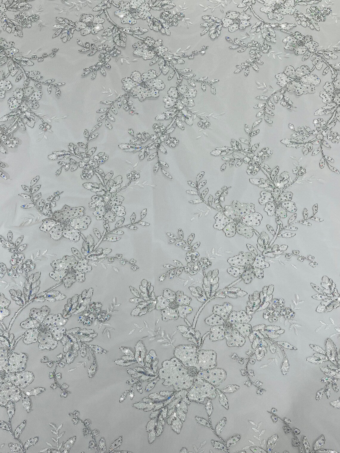 Two Tone Lace Floral Fabric - White - Embroidered Flower Designs with