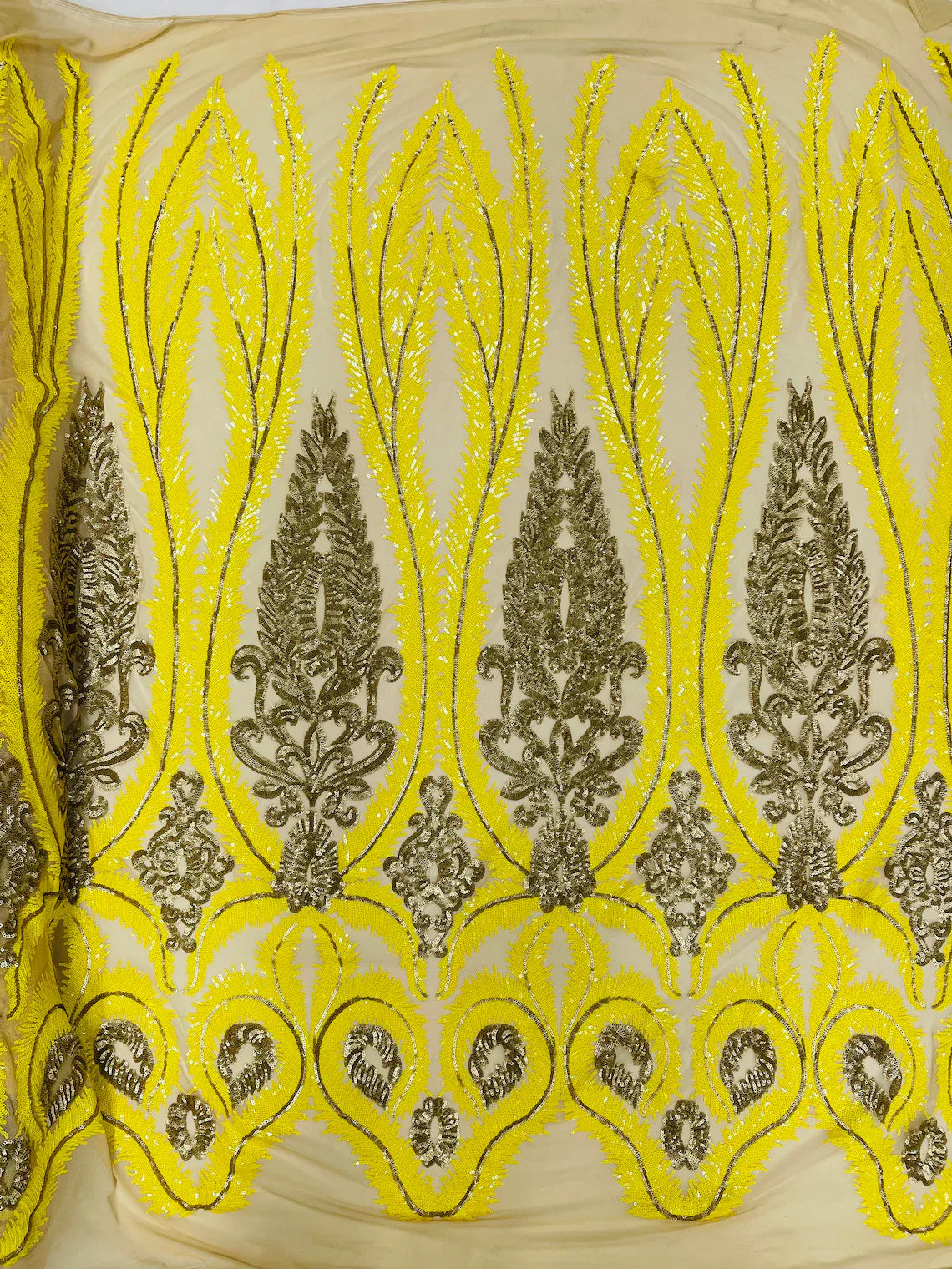 Damask Palm Leaf Design - Yellow / Matte Gold - 4 Way Stretch Sequin F