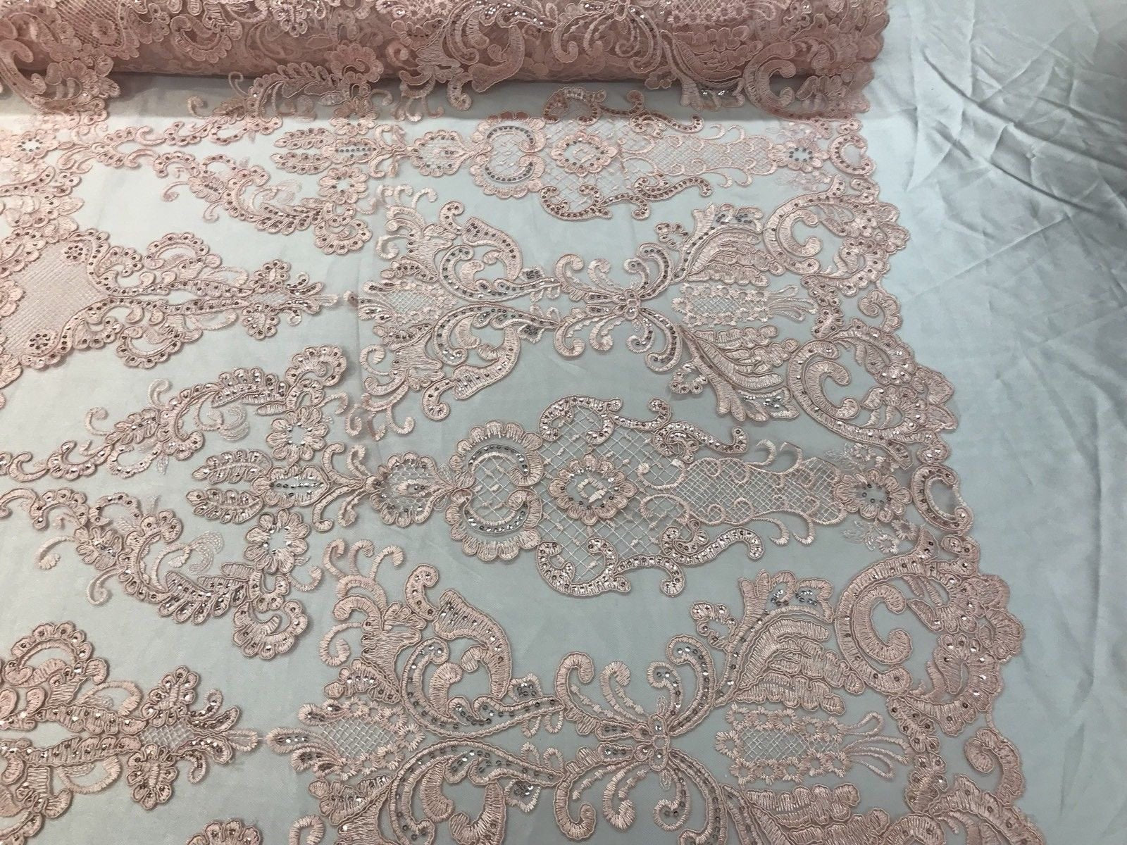 Floral - Pink - Embroided Lace Fabric Damask Pattern - Beautiful Fabri