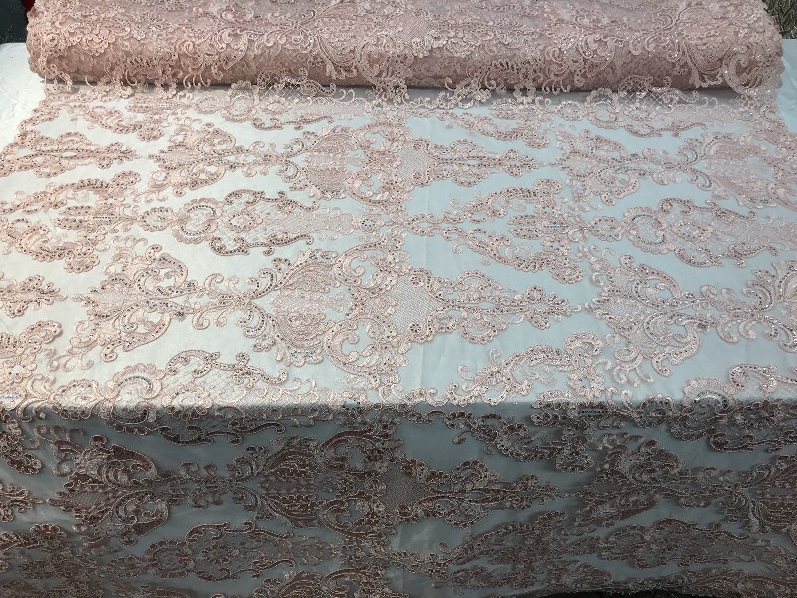 Floral - Pink - Embroided Lace Fabric Damask Pattern - Beautiful Fabri