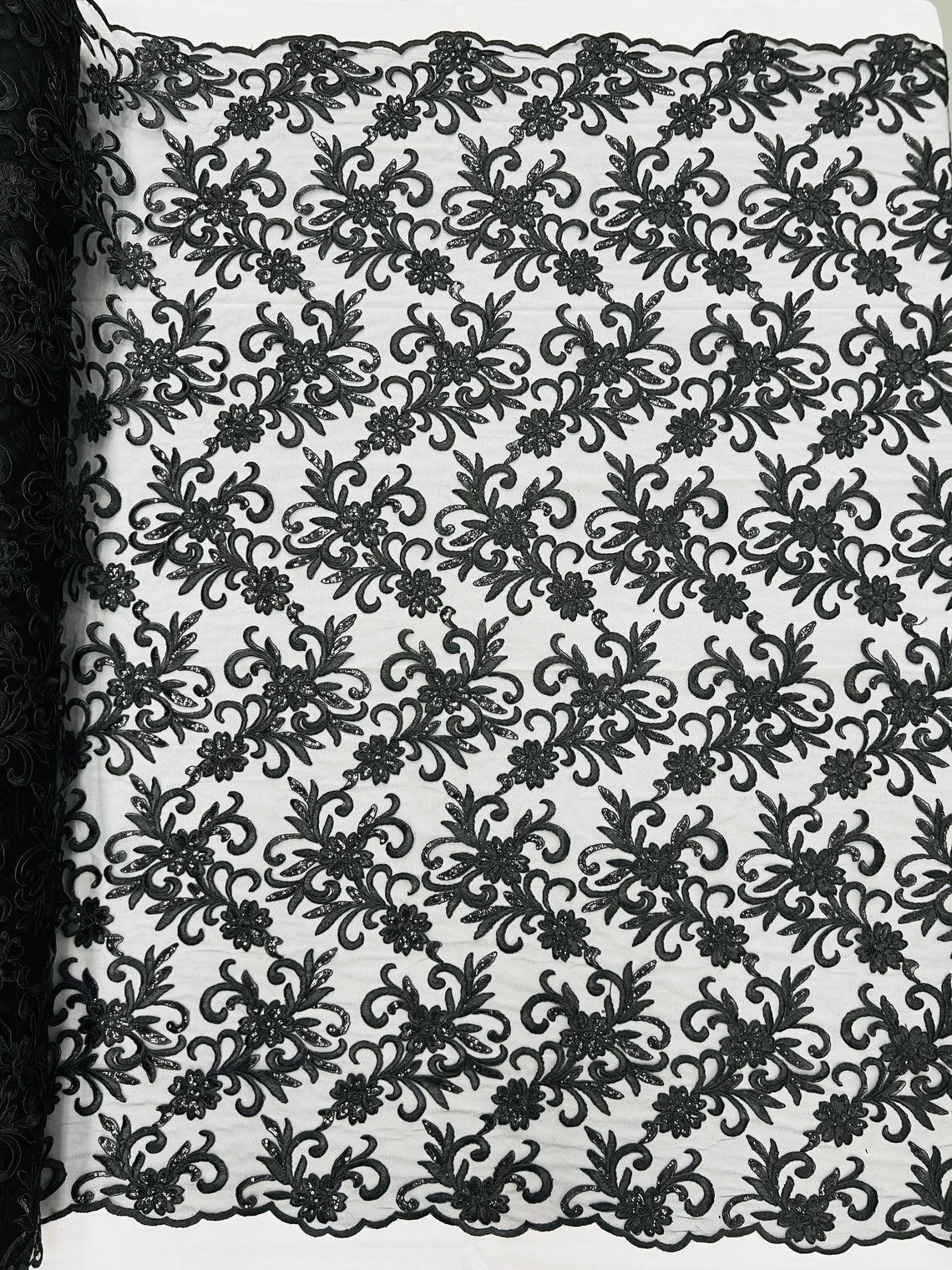 Small Flower Fabric - Black - Floral Plant Embroidered Design on Lace