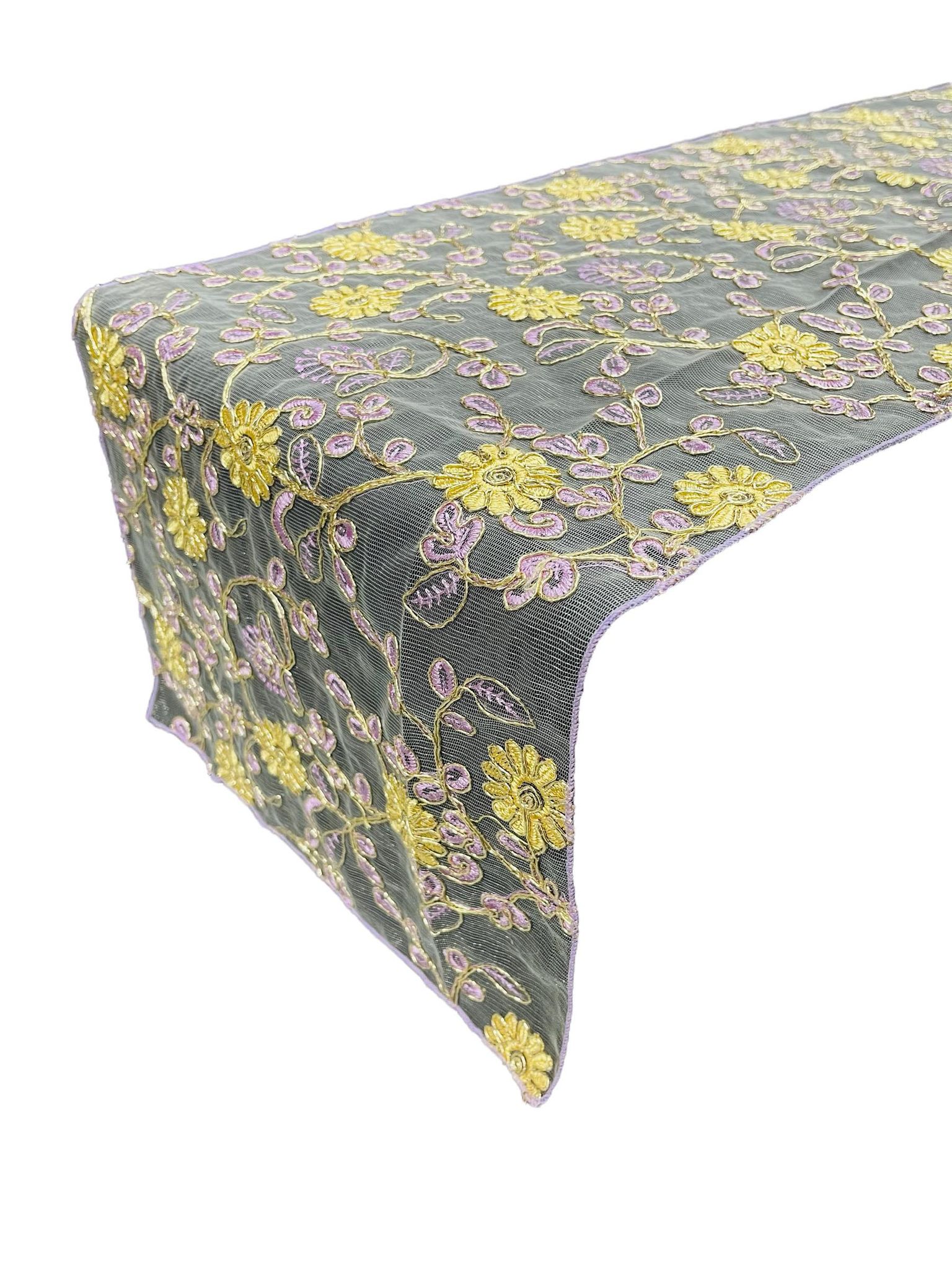12" x 90" Metallic Flower Table Runner - Gold / Lilac - Fancy Runner f