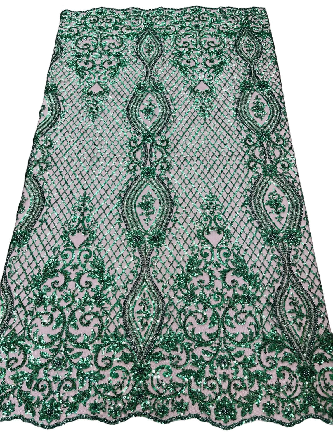 Bead Fashion Damask Fabric - Hunter Green - Beaded Sequins Geometric D
