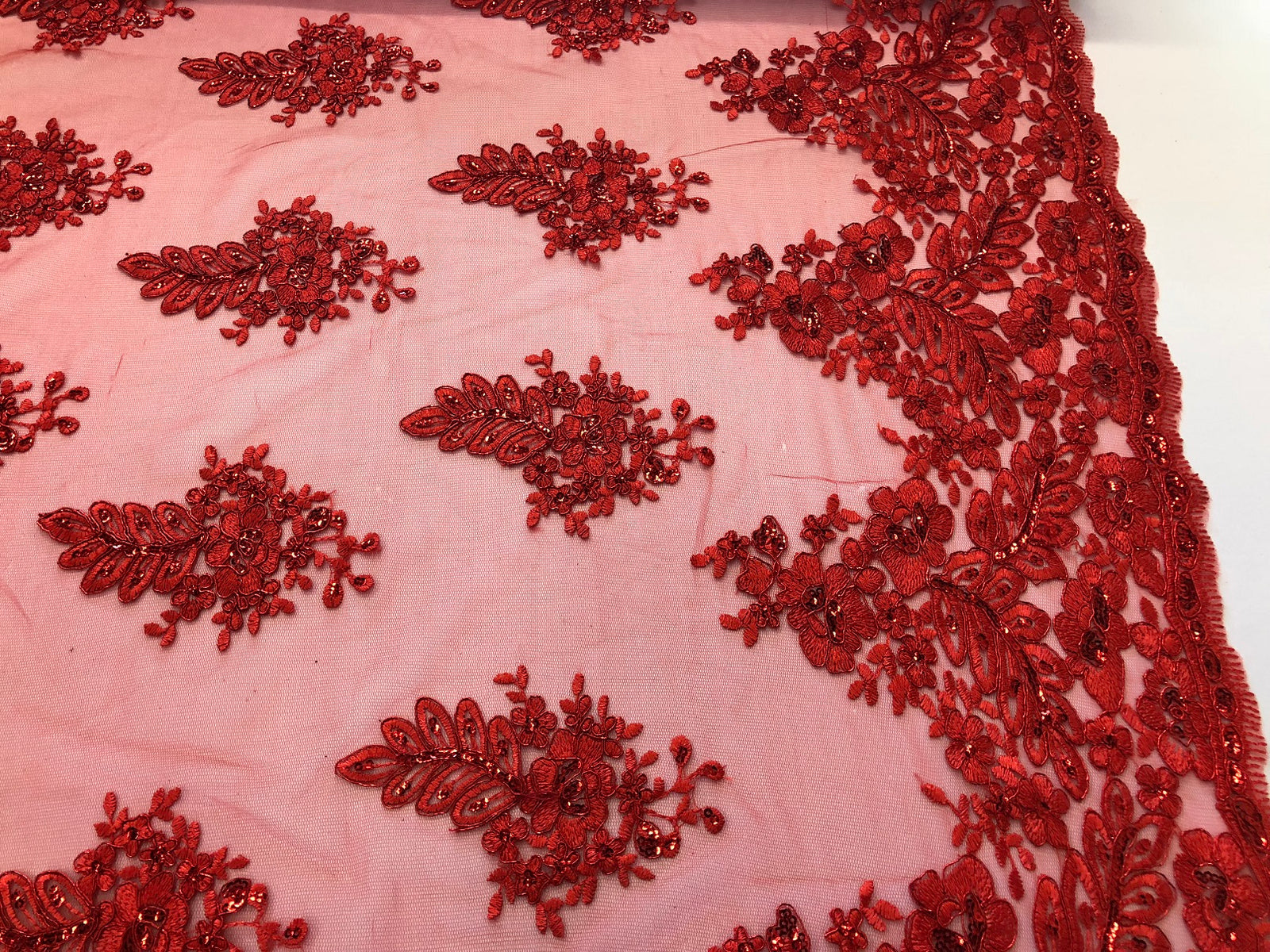 Floral Red Embroidered Lace Fabric with Sequins - Fancy Embroidery Des