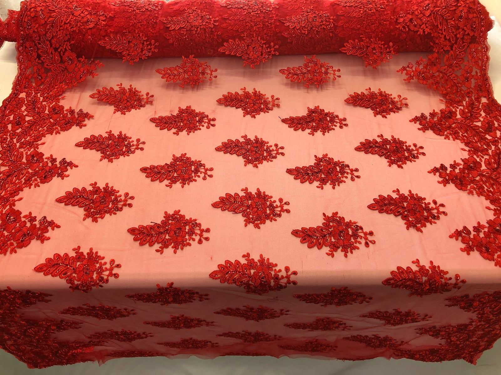 Floral Red Embroidered Lace Fabric with Sequins - Fancy Embroidery Des