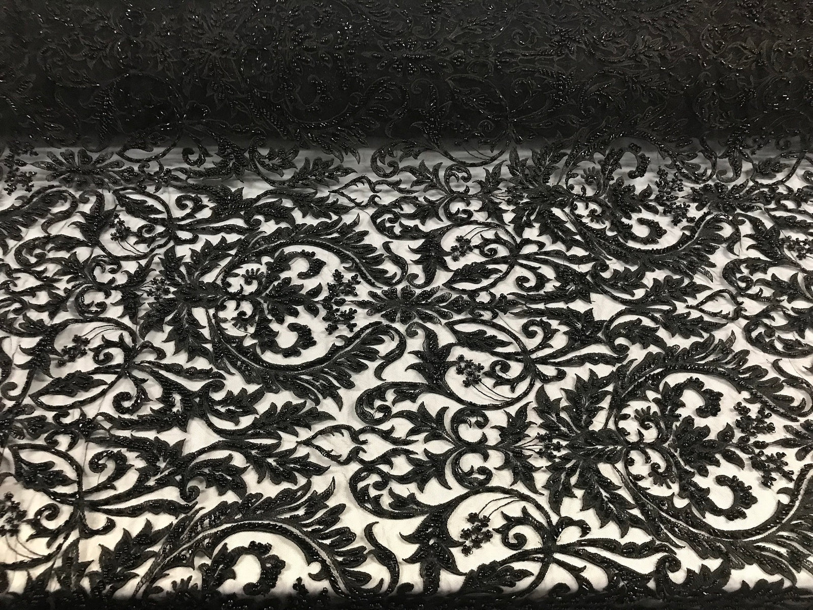 Embroided - Black - Beaded Damask Pattern Fabric Embroidery Lace Desig