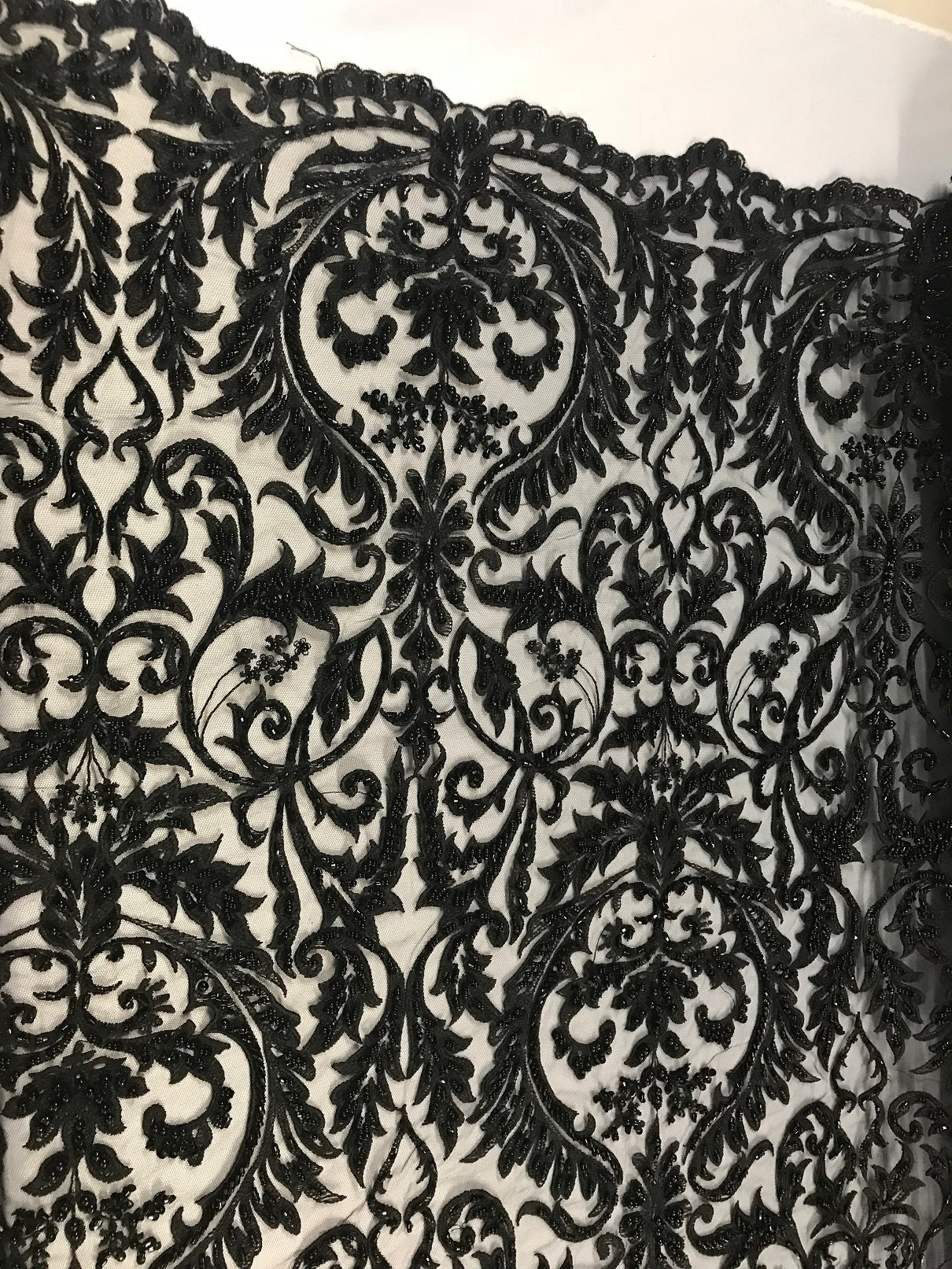 Embroided - Black - Beaded Damask Pattern Fabric Embroidery Lace Desig