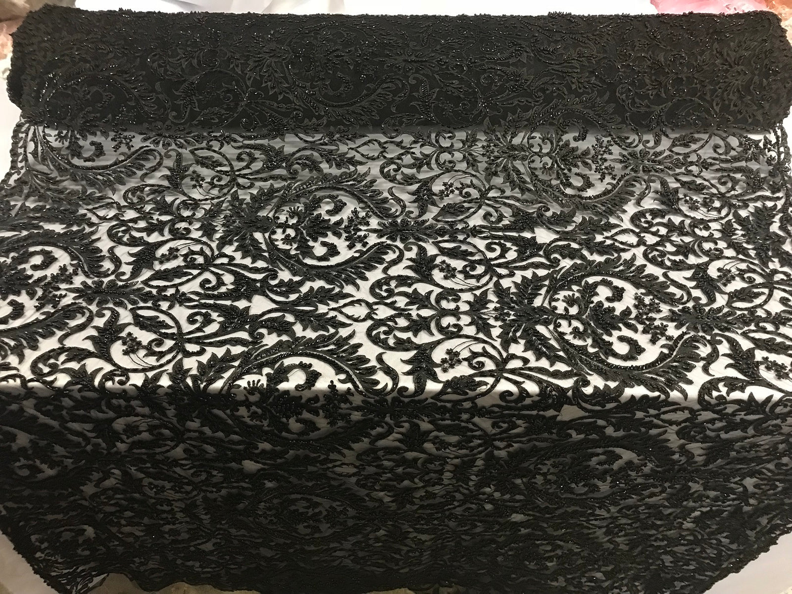 Embroided - Black - Beaded Damask Pattern Fabric Embroidery Lace Desig