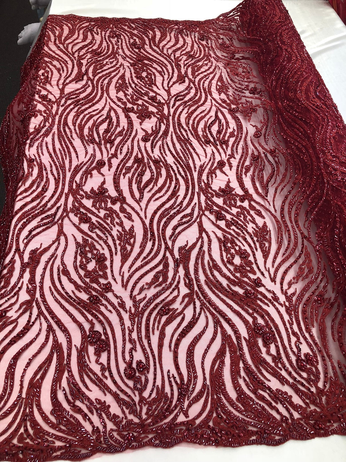 Beaded Zebra Pattern Fabric Burgundy Embroidered Hand beaded Lace Desi
