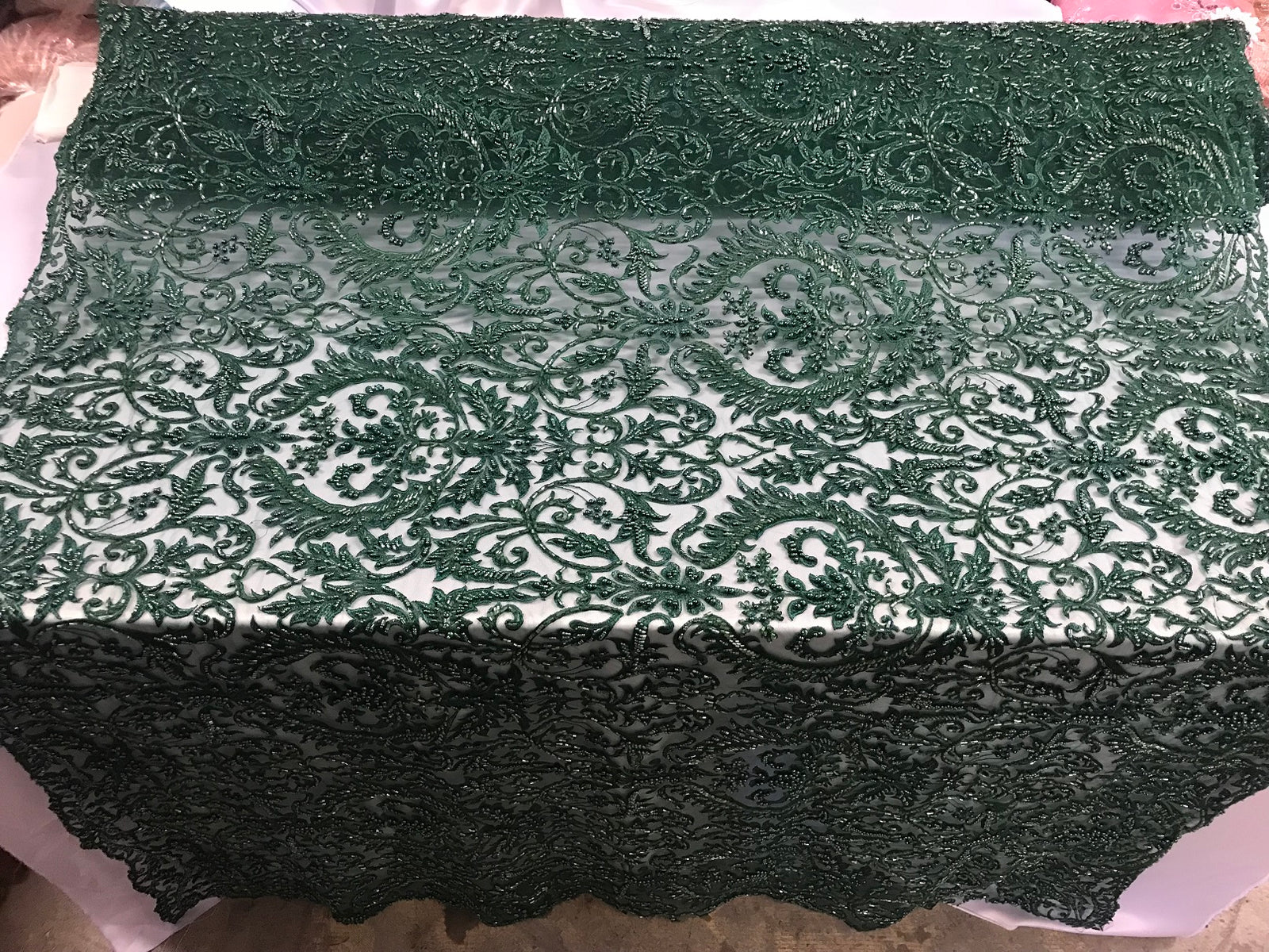 Embroided Hunter Green Beaded Damask Pattern Fabric Embroidery Lace De
