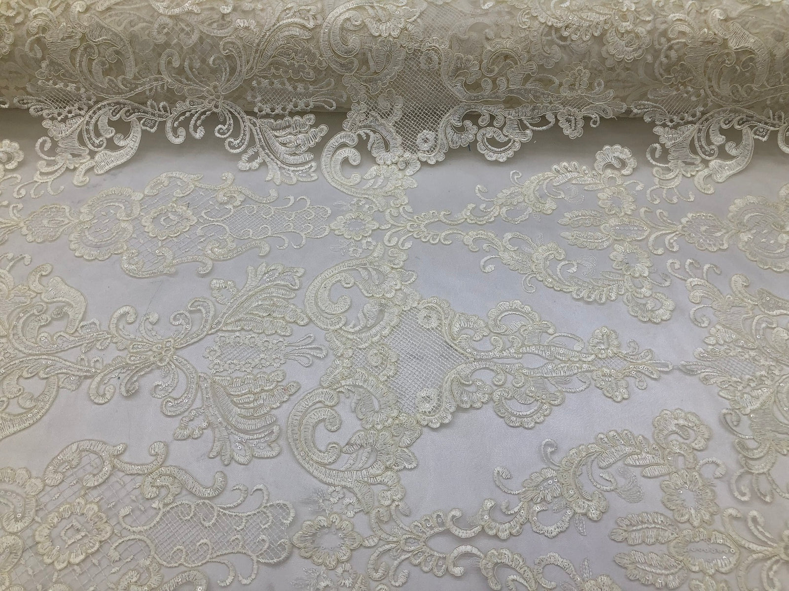 Floral - Ivory - Embroided Lace Fabric Damask Pattern - Beautiful Fabr