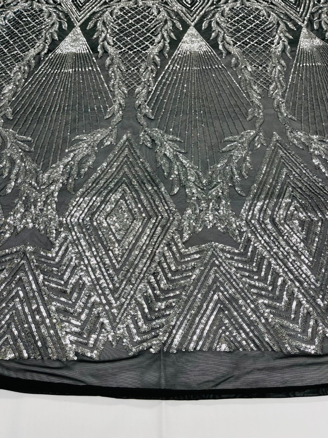 Triangle Sequin Fabric - Silver on Black - Geometric Designs Spandex M