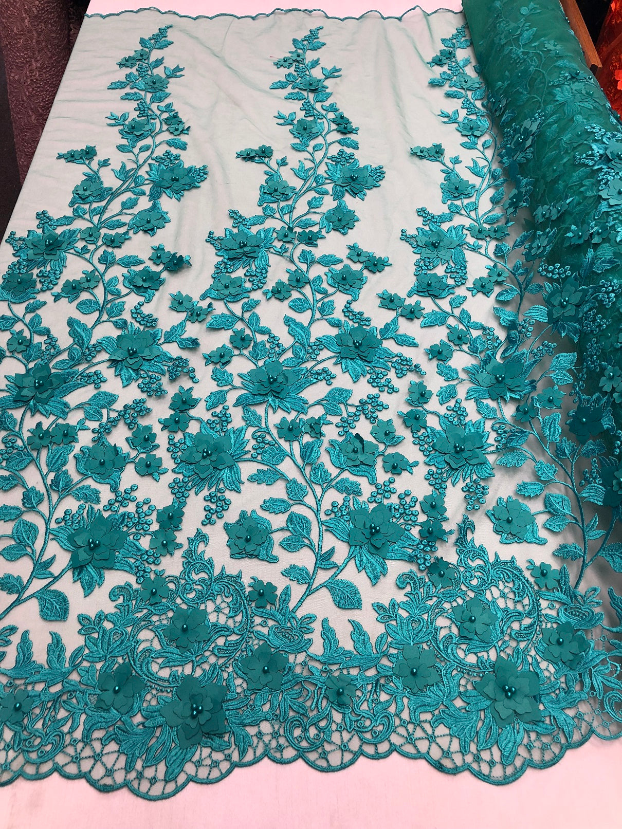 Teal 3D Floral Design Embroider With Pearls On A Mesh Lace Dresses-Pro
