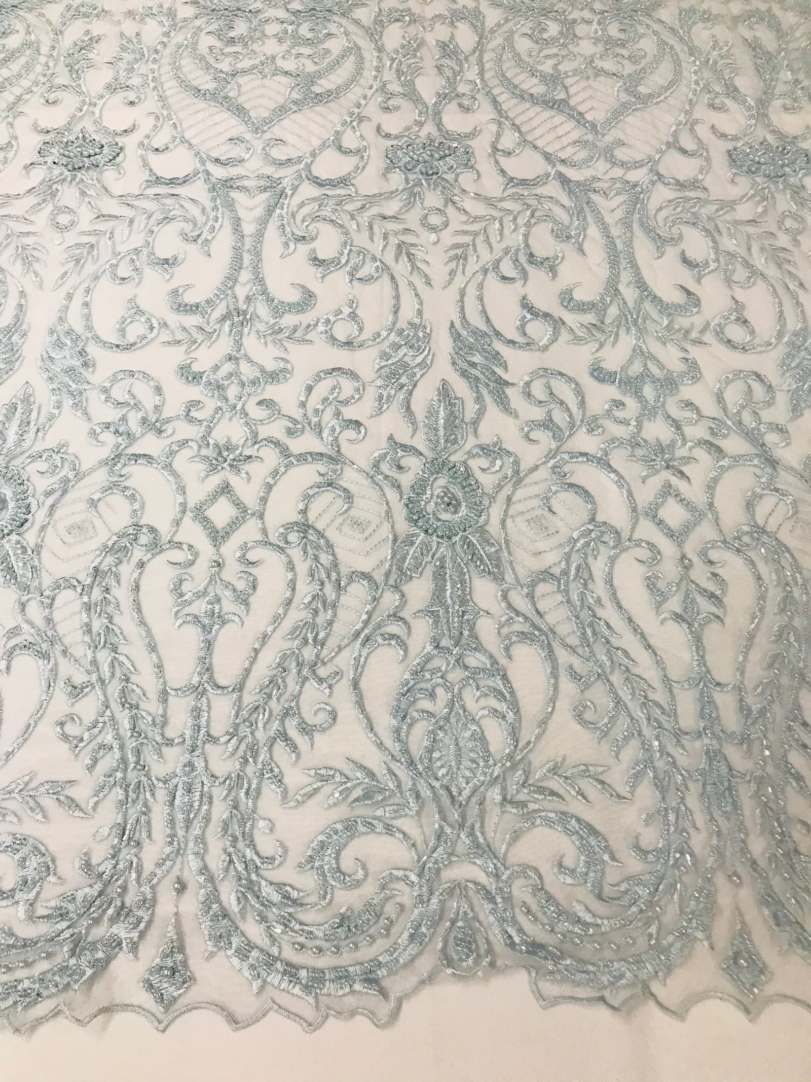 Glam Damask Beaded Fabric - Baby Blue - Embroidered Elegant Fashion Fa