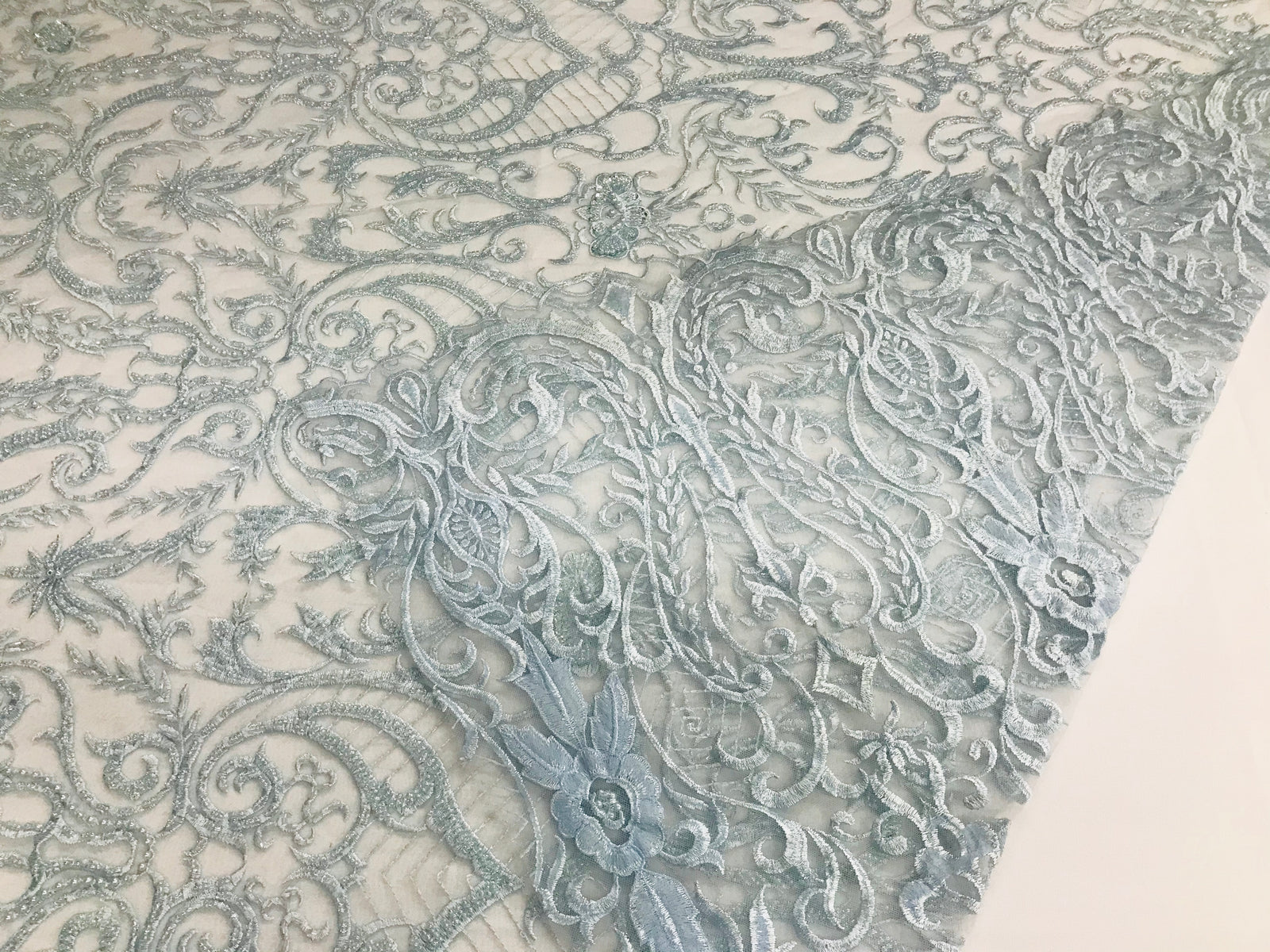 Glam Damask Beaded Fabric - Baby Blue - Embroidered Elegant Fashion Fa