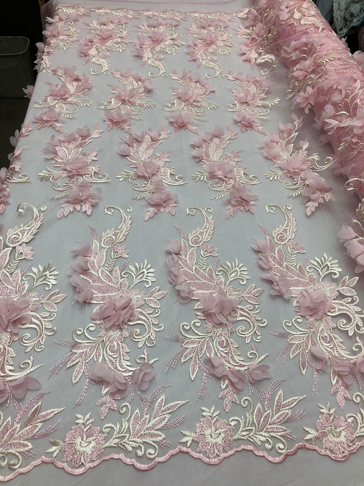 3D Embroided - Light Pink Flower And Leaf Pattern Fabric Fancy Flowers