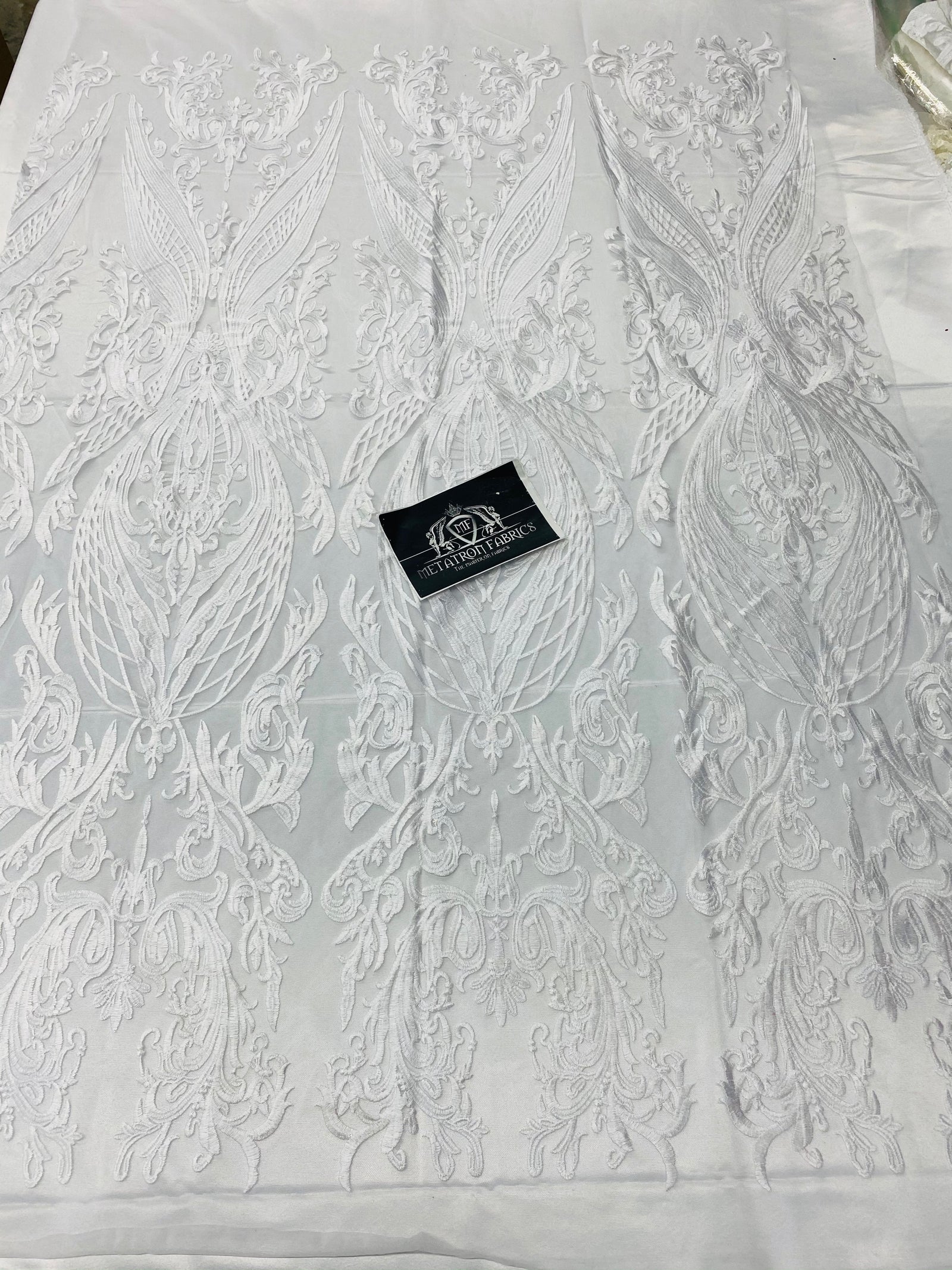 Lace Fabric - White - Fancy Damask Pattern Sequins Design Fashion Fabr