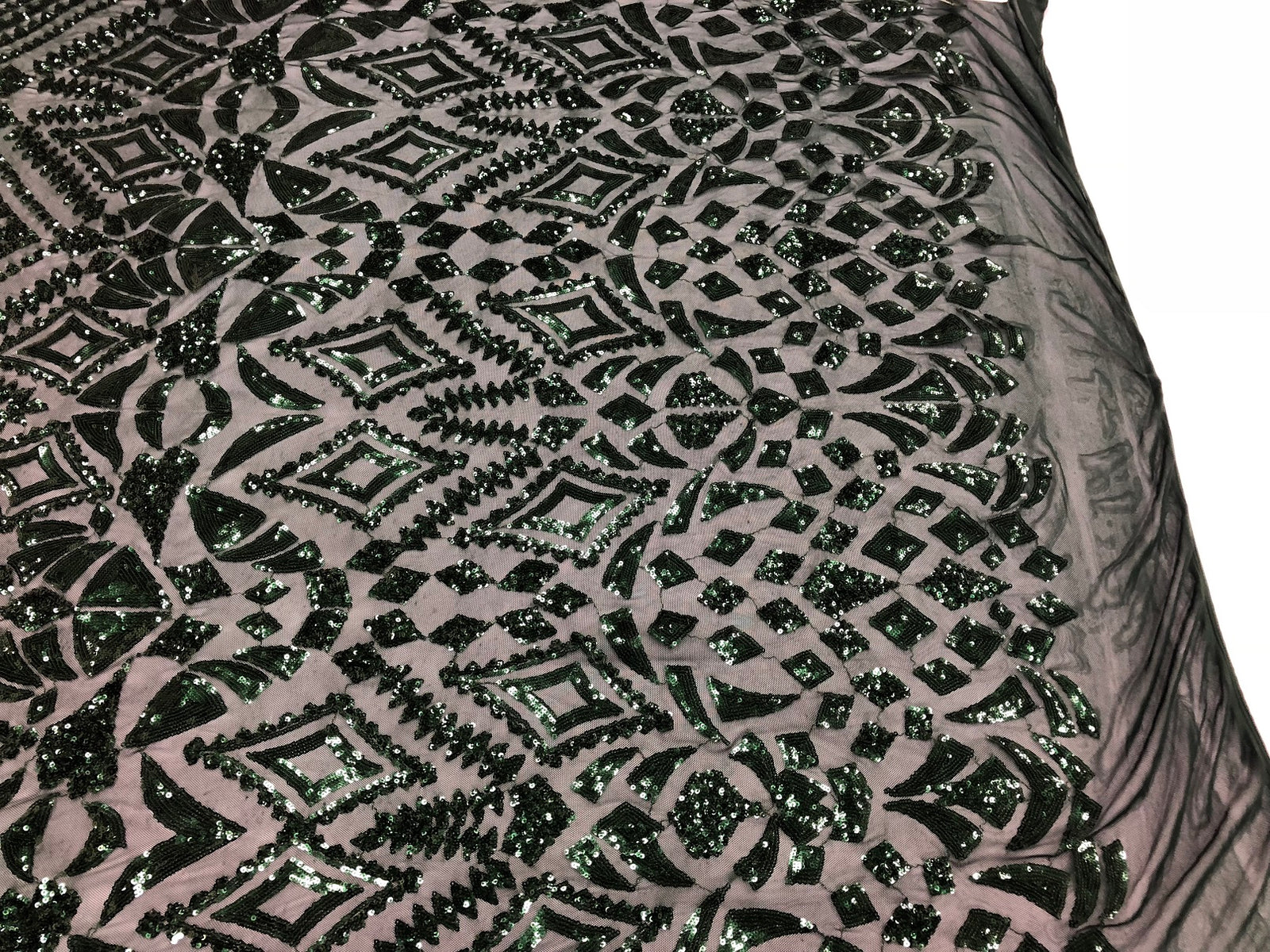 Geometric Patterns 4 Way Stretch Sequins Fabric Hunter Green Shiny Seq