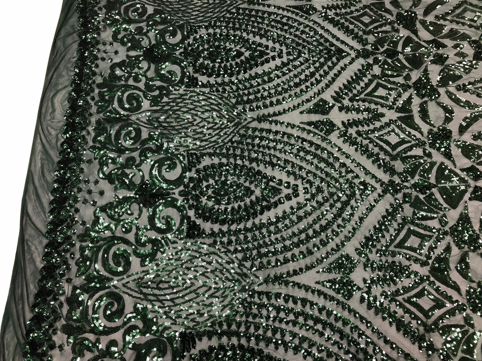 Geometric Patterns 4 Way Stretch Sequins Fabric Hunter Green Shiny Seq
