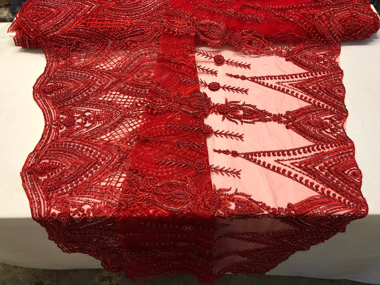 Red Beaded Fabric Embroidered Lace Pearls On A Mesh Bridal/Wedding Fab