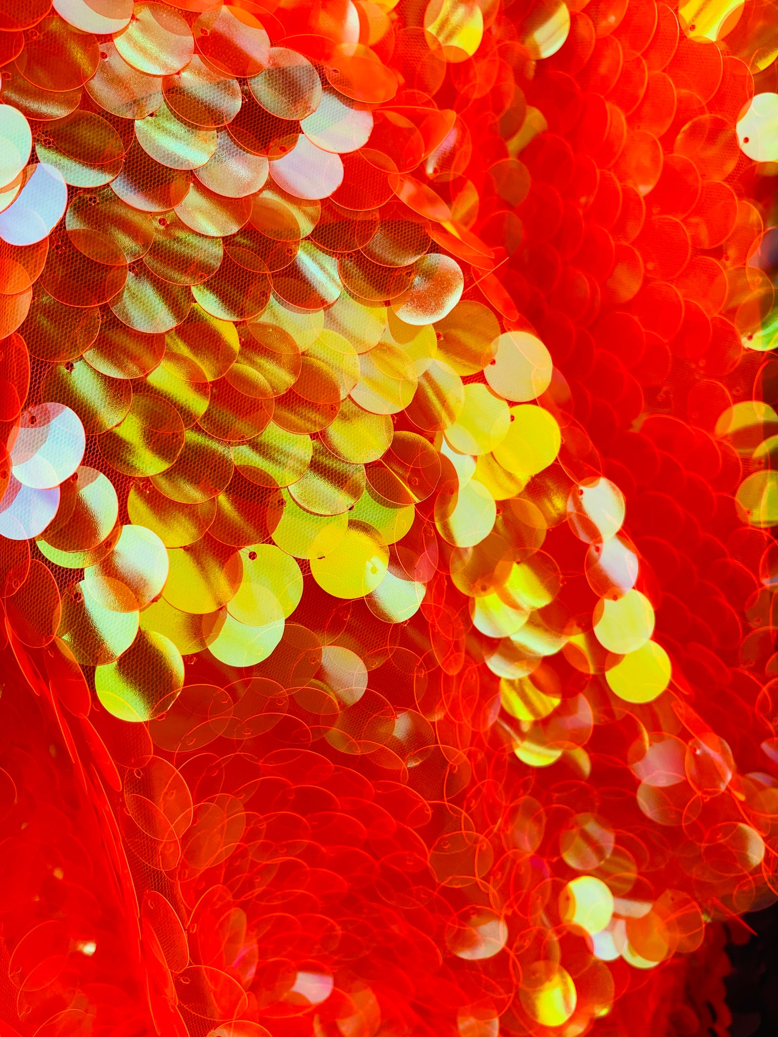 Circle Sequins - Clear Orange - Big Sequins On Orange Mesh Fabric Sold