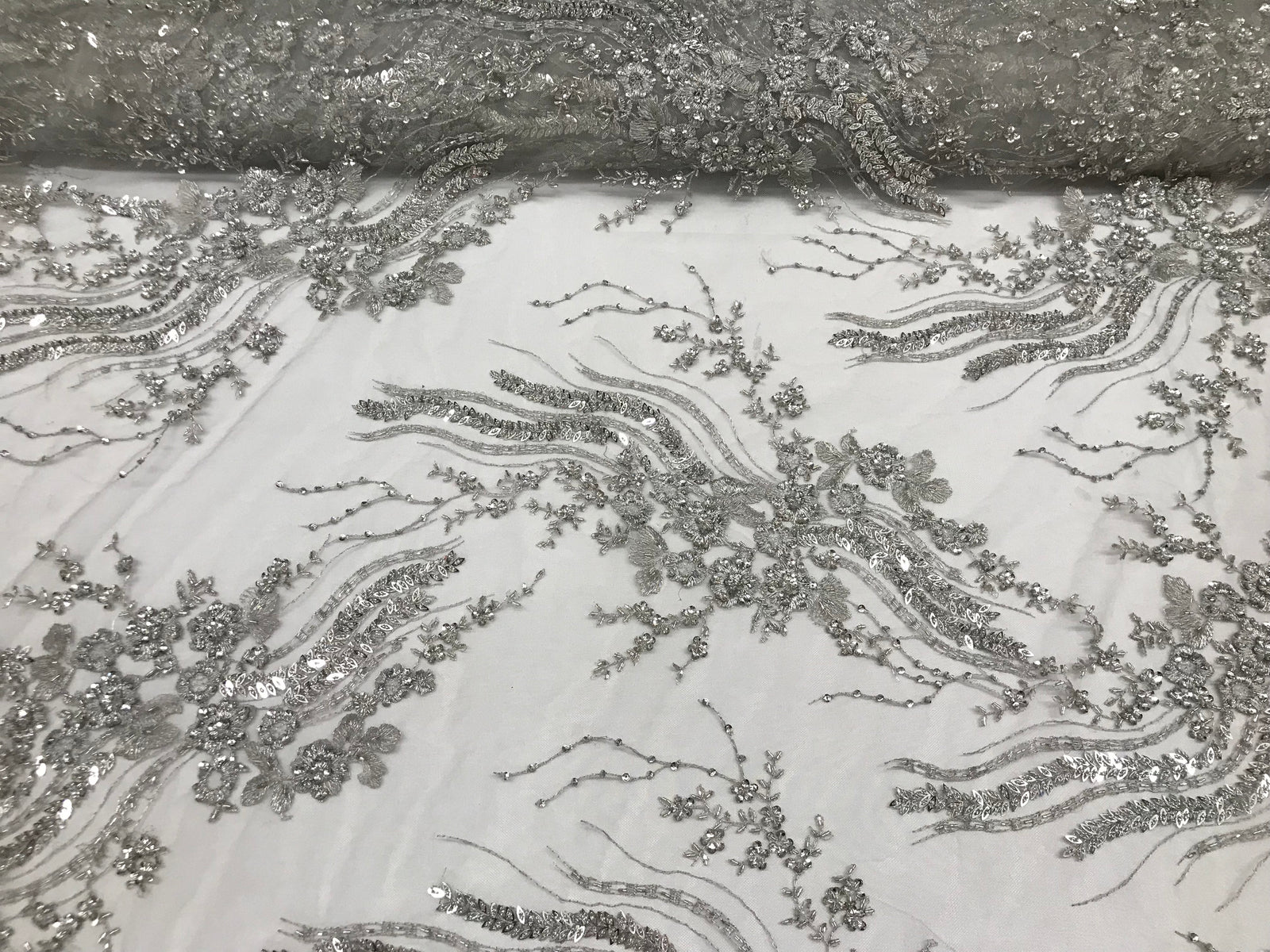 Beaded - Silver - Elegant Small Flower Pattern Design Sequins Fabric w