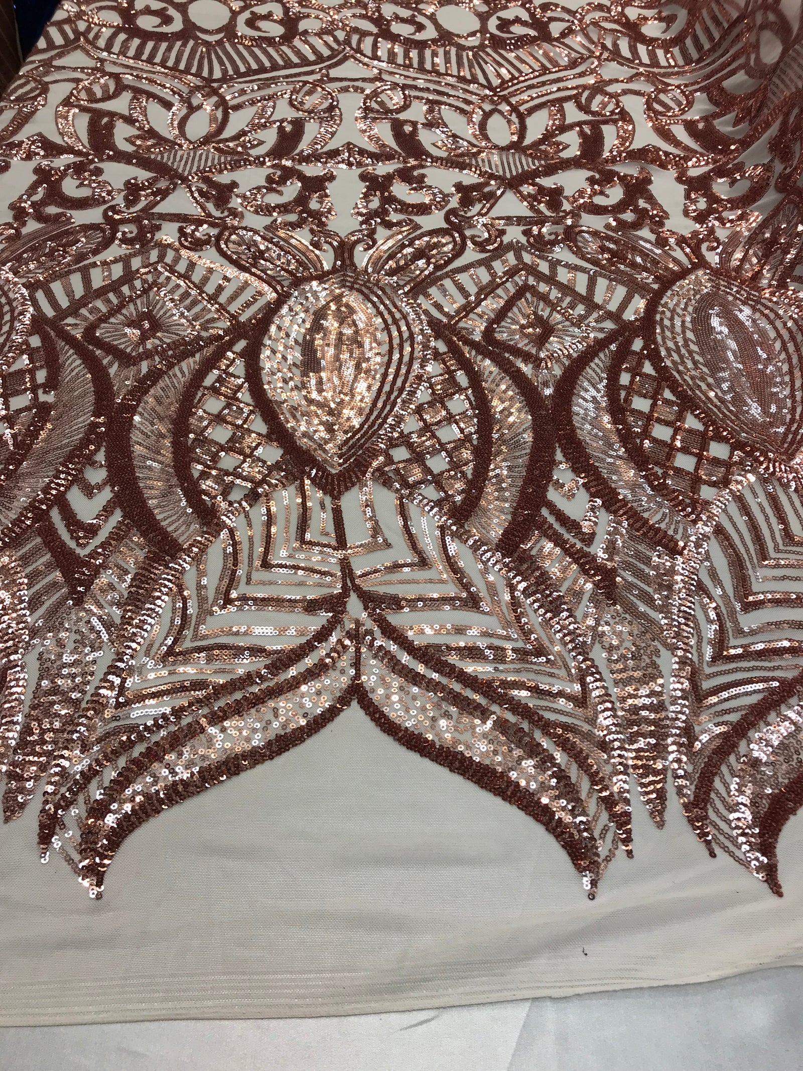 Rose Gold sequins fabric 4 Way Stretch Embroidered Royalty Sequins Fan