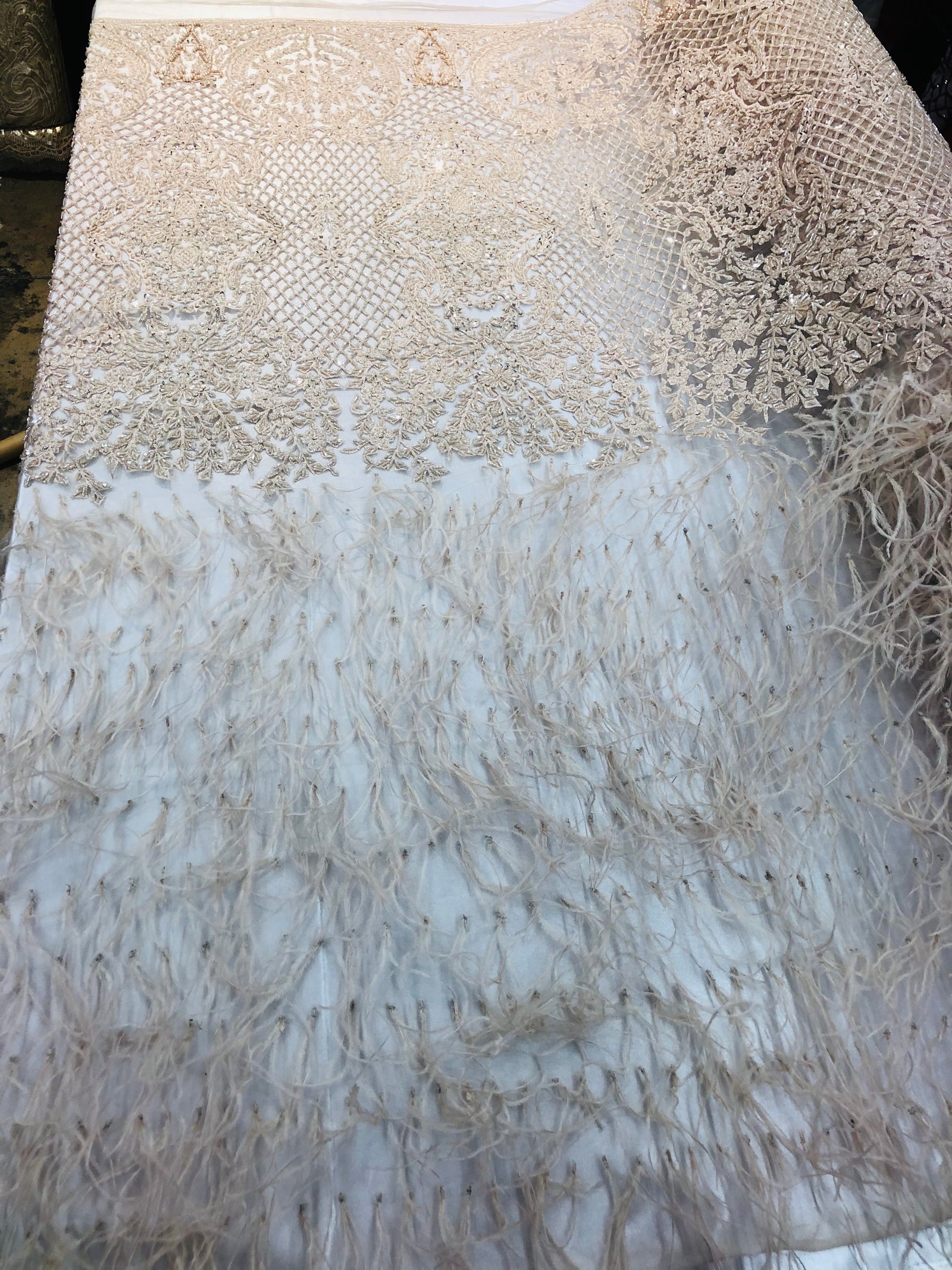 Beaded Feather Fabric - Champagne - Embroidered Luxury Mesh Lace with