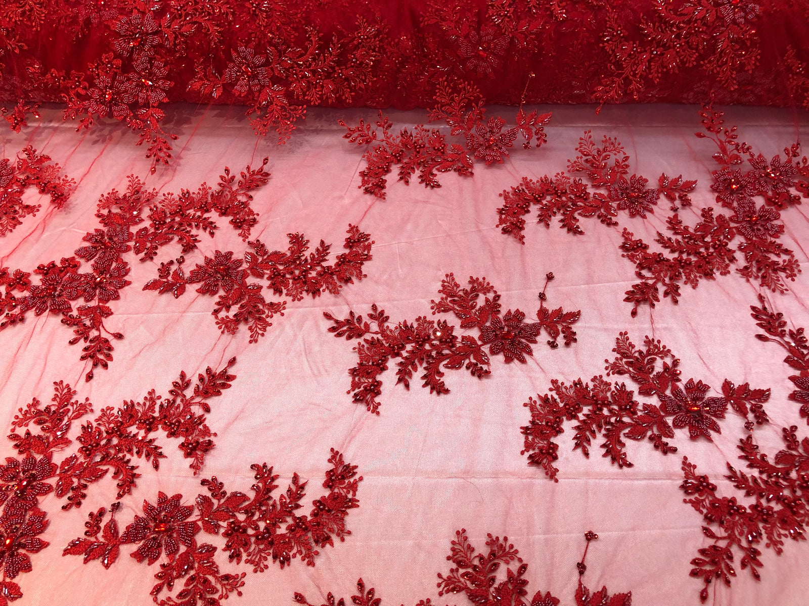 Beaded Fabric - Red - Embroidered Flower Lace Fabric with Beads On A M
