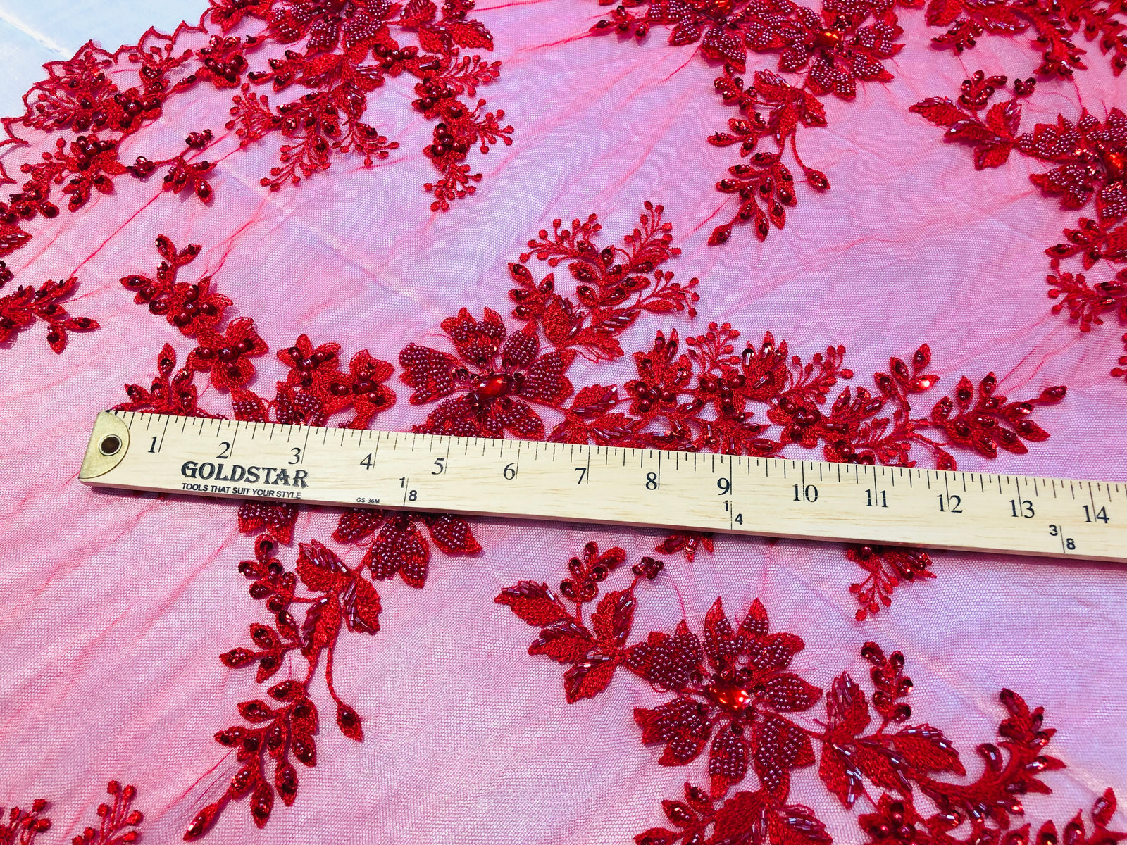 Beaded Fabric - Red - Embroidered Flower Lace Fabric with Beads On A M