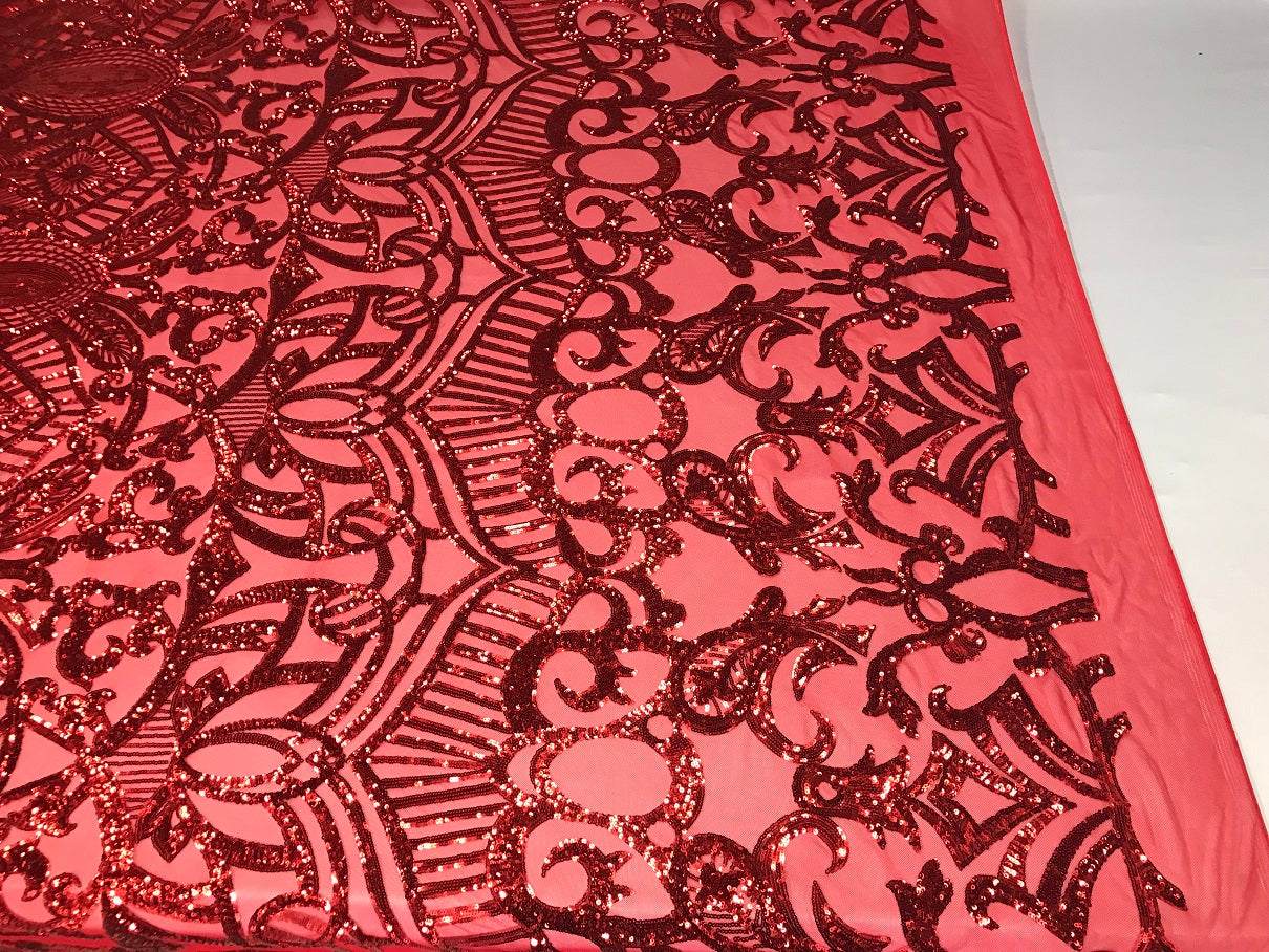 Red Sequin - 4 Way Stretch Embroidered Royalty Sequins Fancy Design Fa
