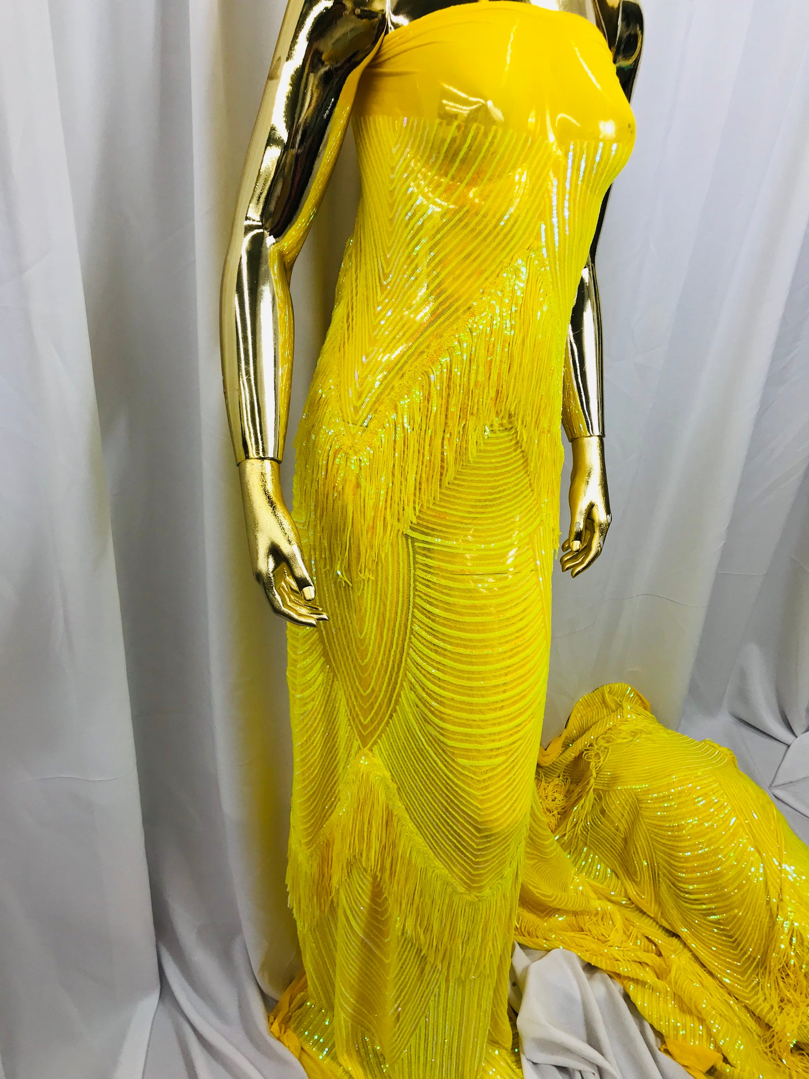 Fringe Sequins - Iridescent Yellow - Dangle 4 Way Stretch Fancy Sequin