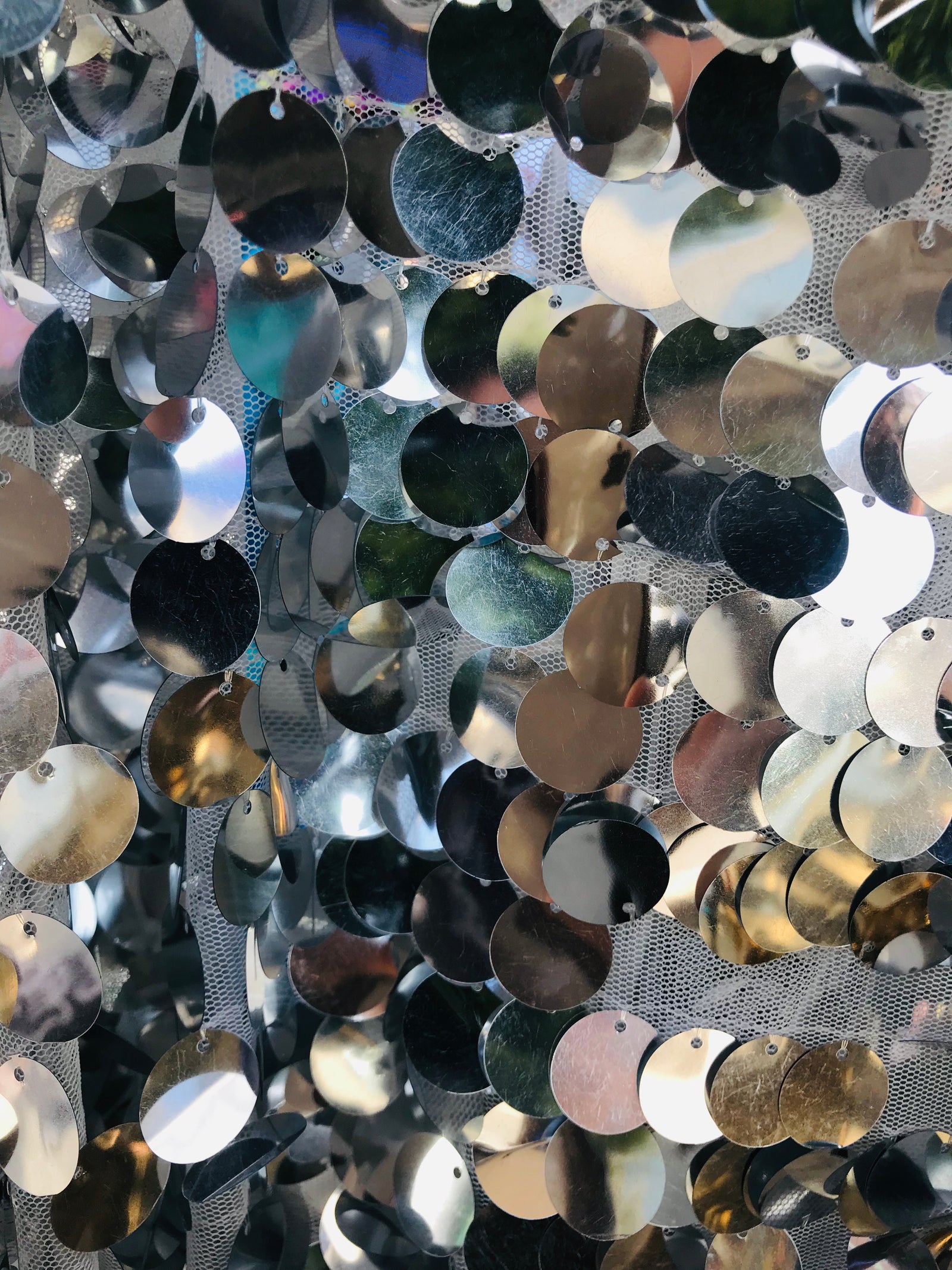 Circle Sequins - Shiny Silver - Multi-Color Big Sequins On Mesh Fabric
