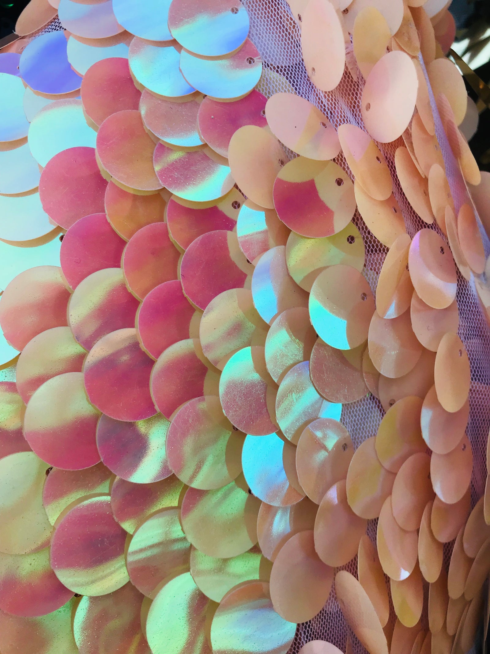 Circle Sequins - Iridescent Peach - Multi-Color Big Sequins On Mesh Fa