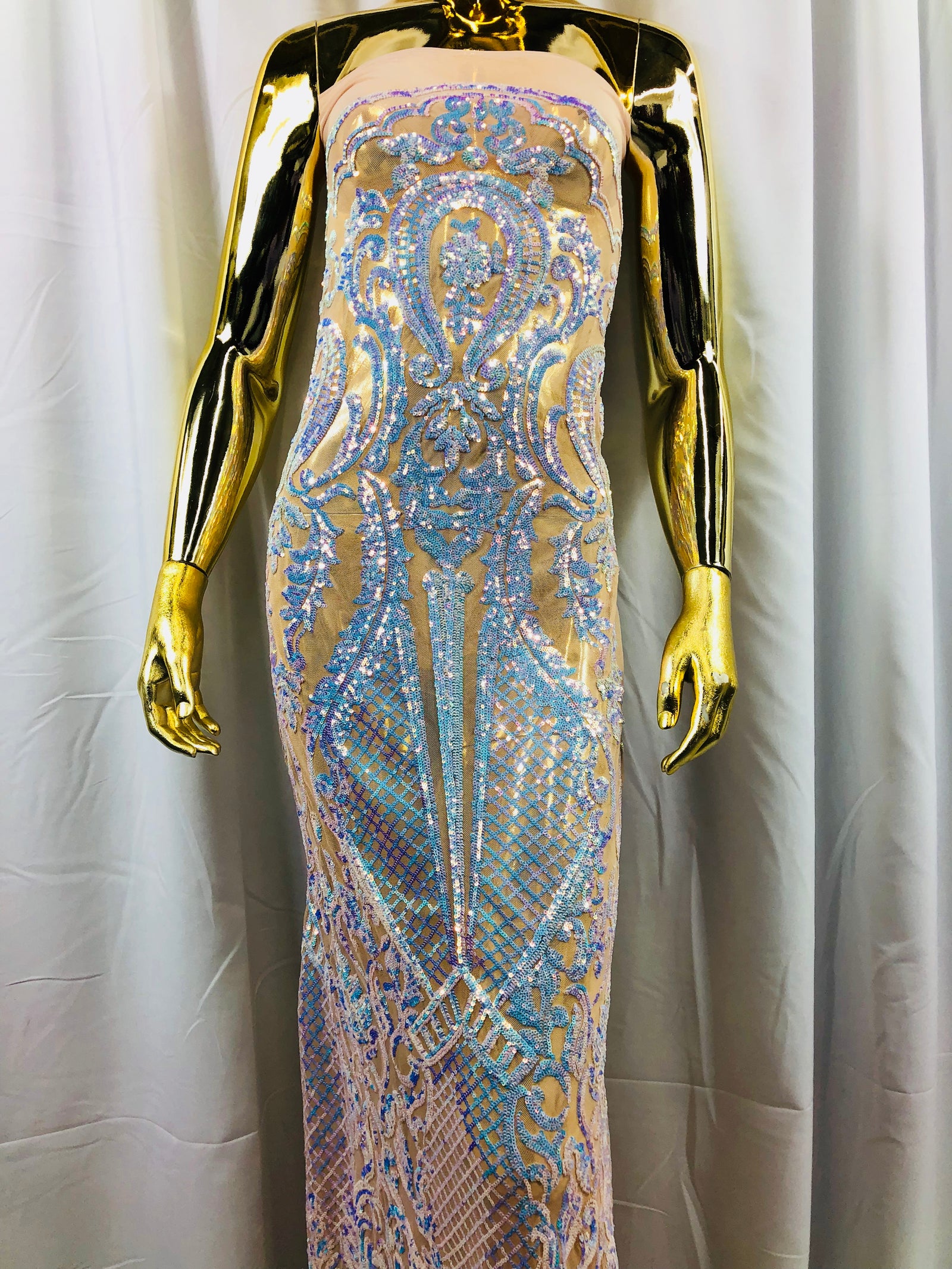 Iridescent Sequins, Iridescent Aqua 4 Way Stretch Damask Design Fabric