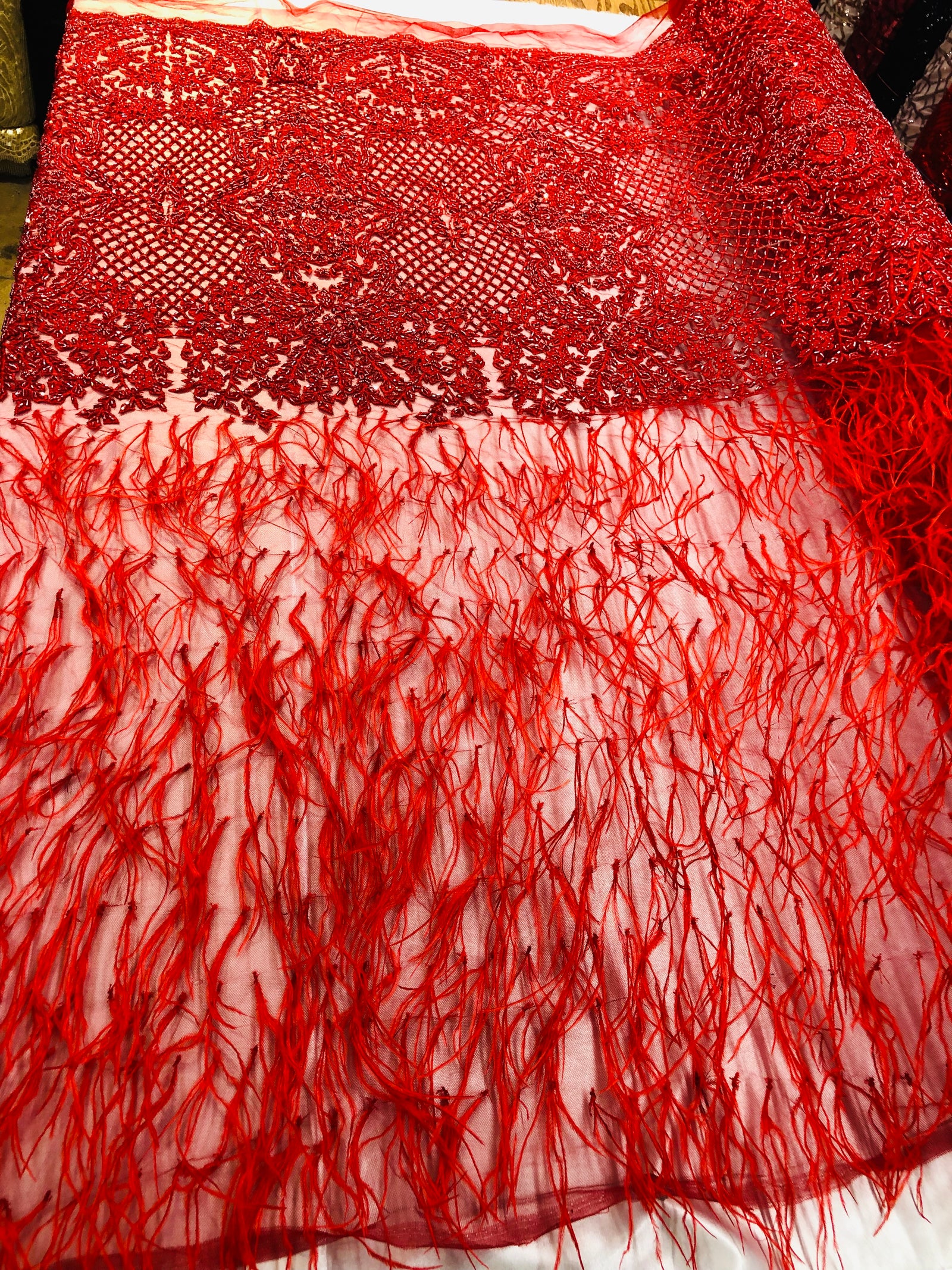 Beaded Feather Fabric - Red - Embroidered Luxury Mesh Lace Beads and F