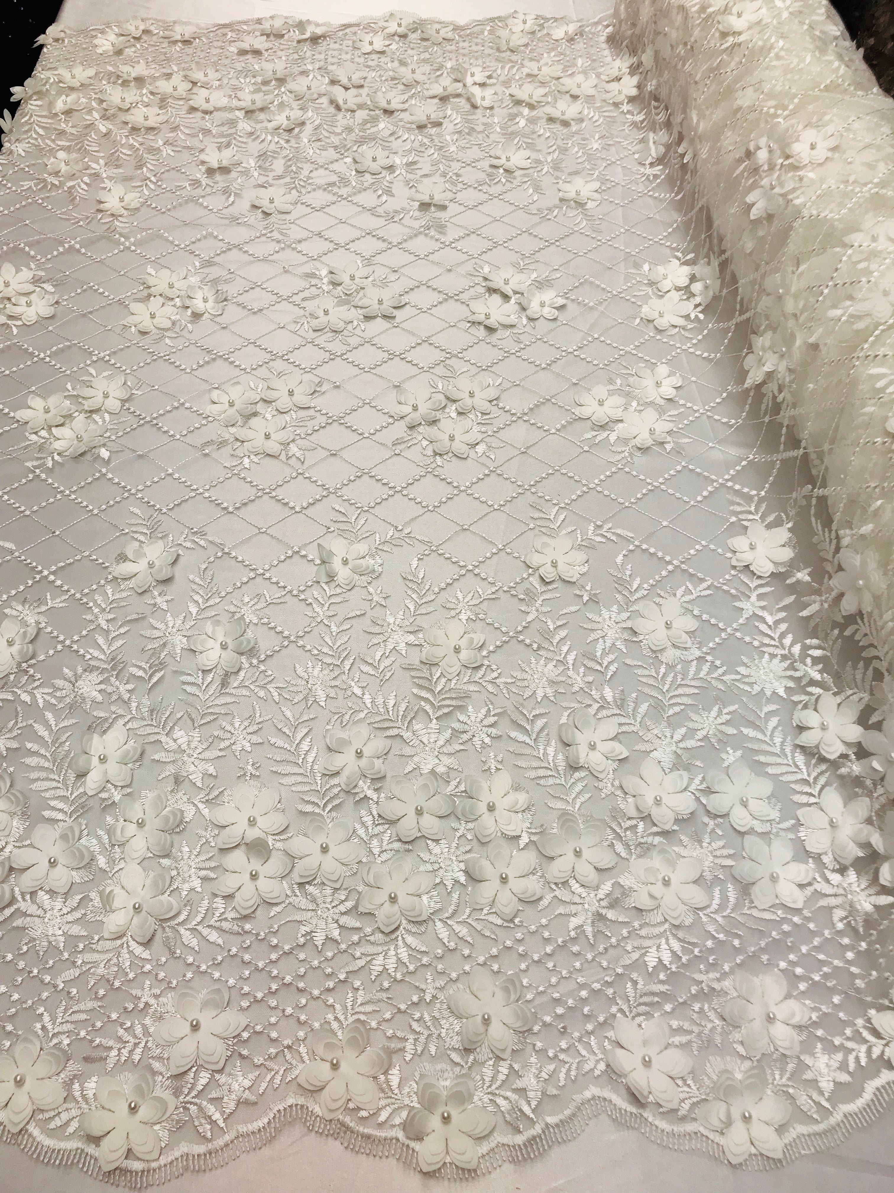 3D Floral Design - White - Embroidered 3D Flowers on Triangle Net Mesh