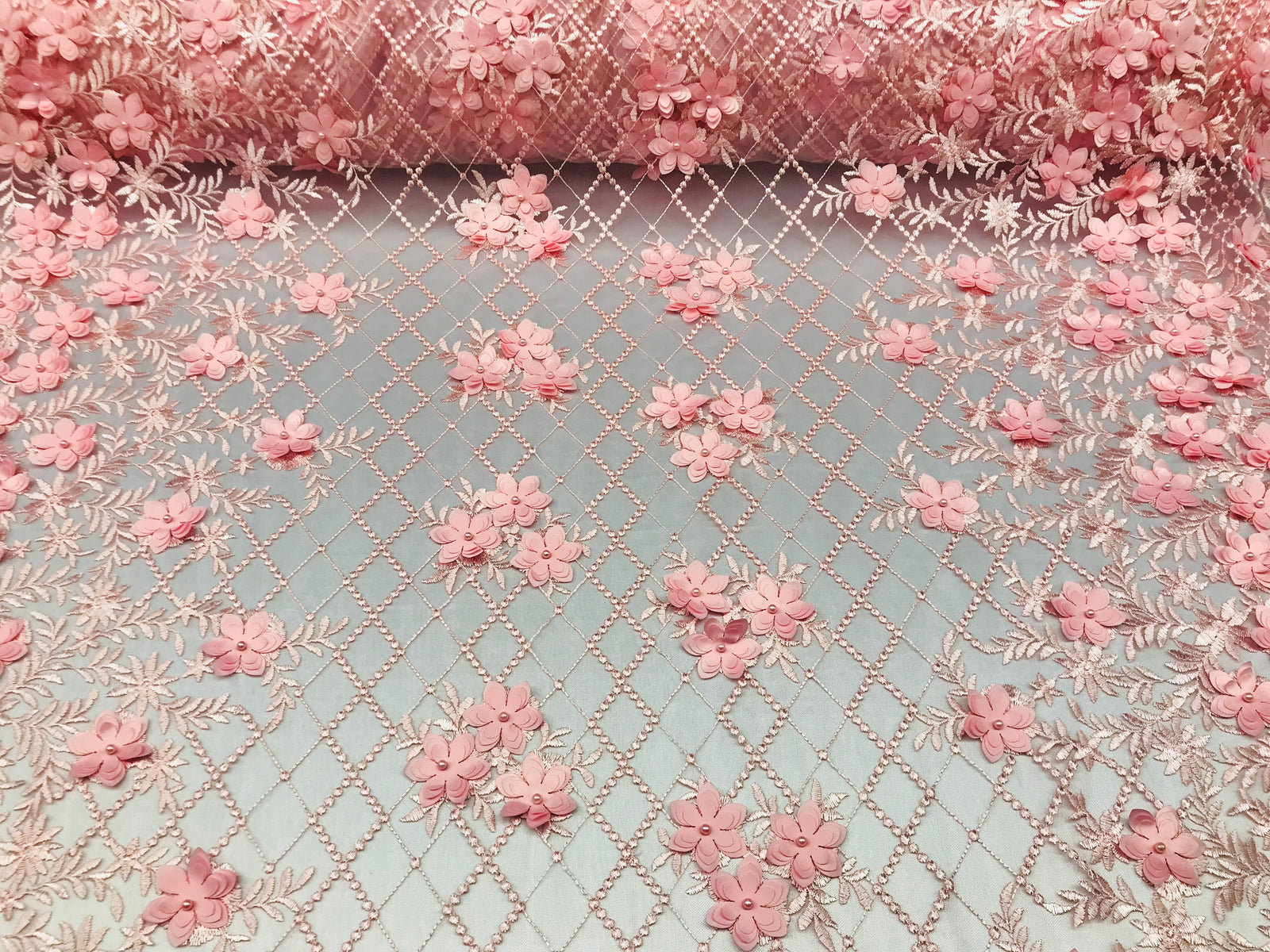 3D Floral Design - Pink - Embroidered 3D Flowers on Triangle Net Mesh