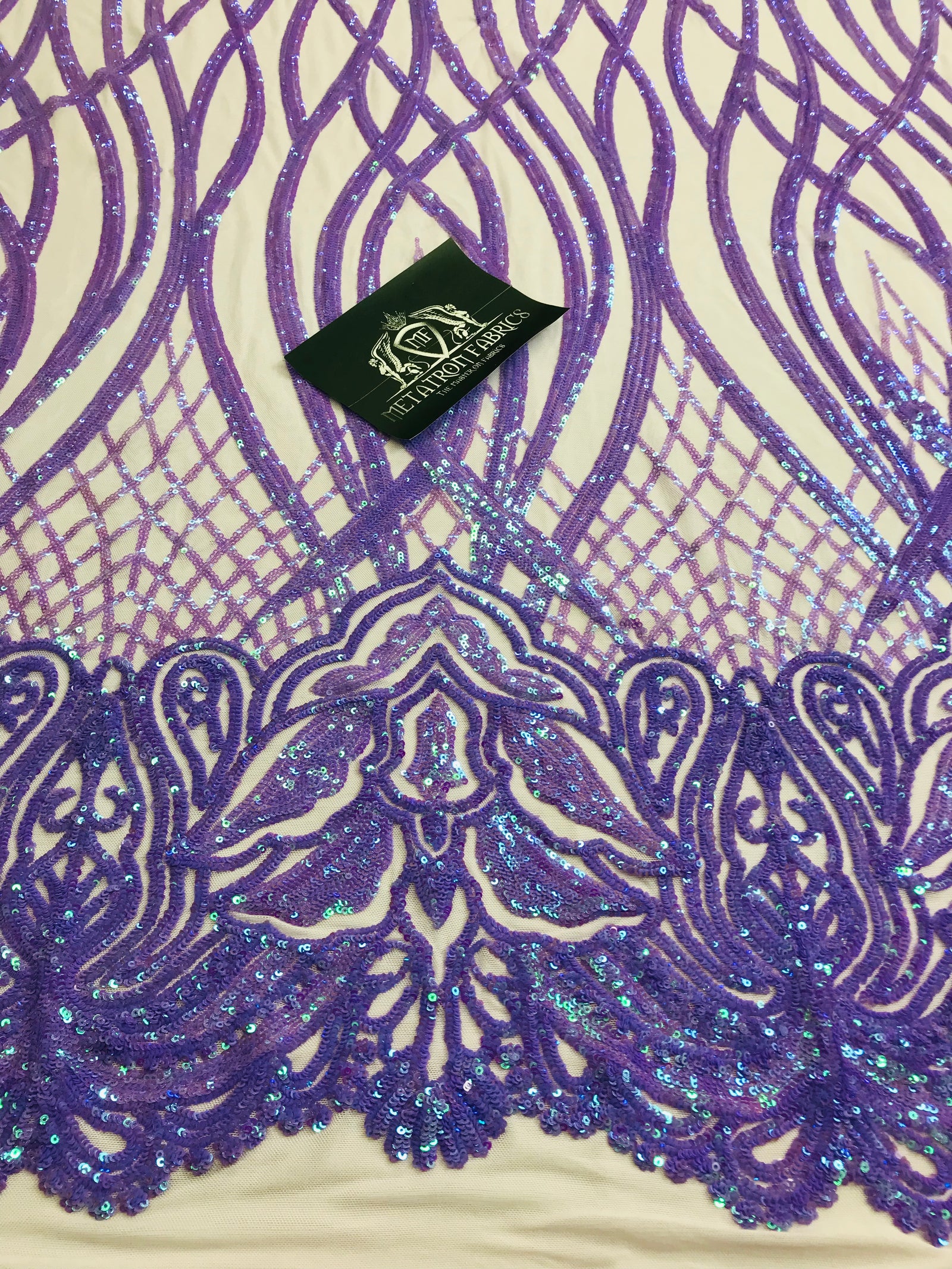 Wavy Line Sequins - Lilac - 4 Way Stretch Iridescent Pattern with Net