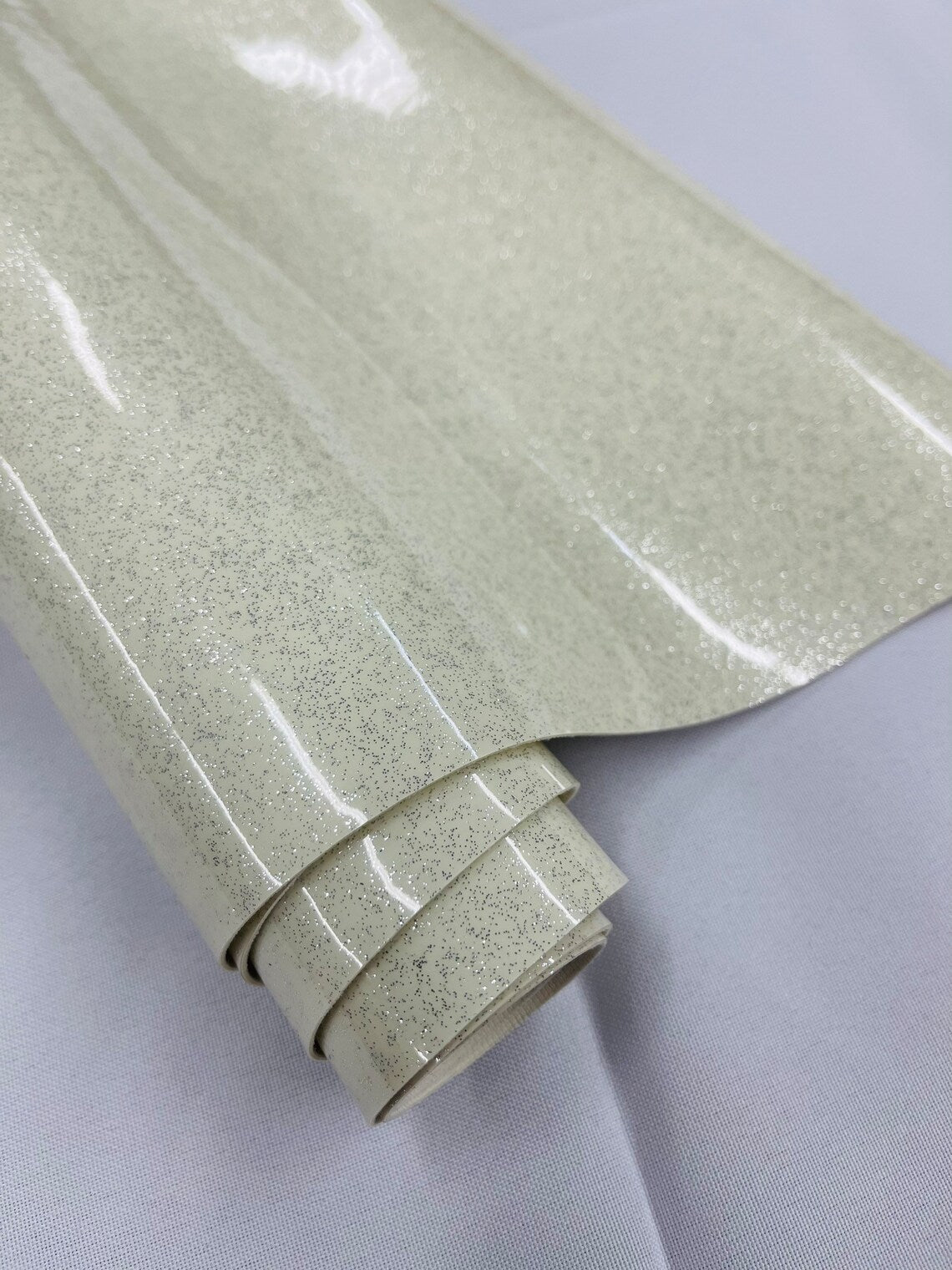 Vinyl Fabric - Ivory Shiny Sparkle Glitter Leather PVC - Upholstery By