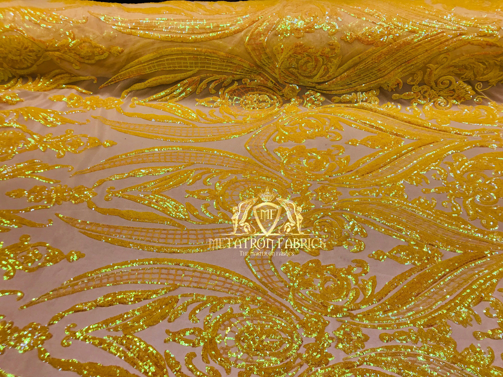 Big Damask Sequins Fabric - Yellow - 4 Way Stretch Damask Sequins Desi