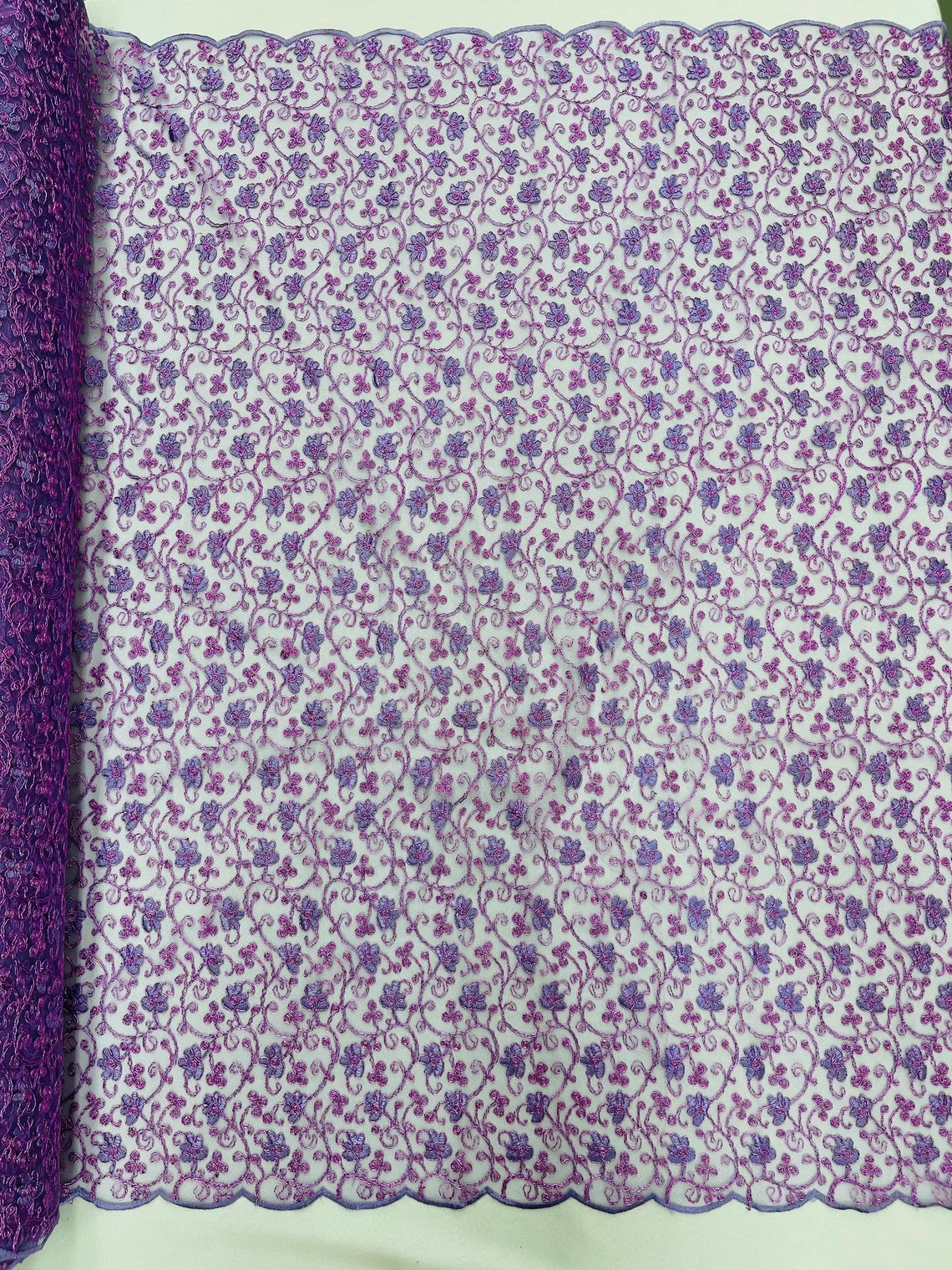 Metallic Floral Lace Fabric - Lilac - Embroidered Flower Design on Lac
