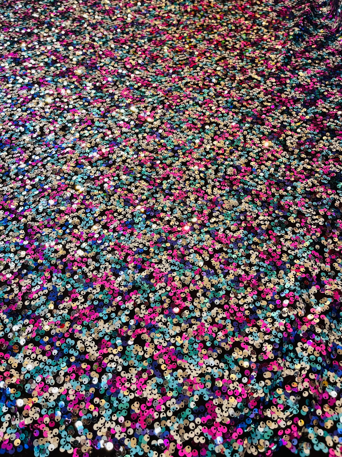 Multi-Color Sequins Mesh - Fuchsia/Turquoise/Silver - Shiny Sequins De