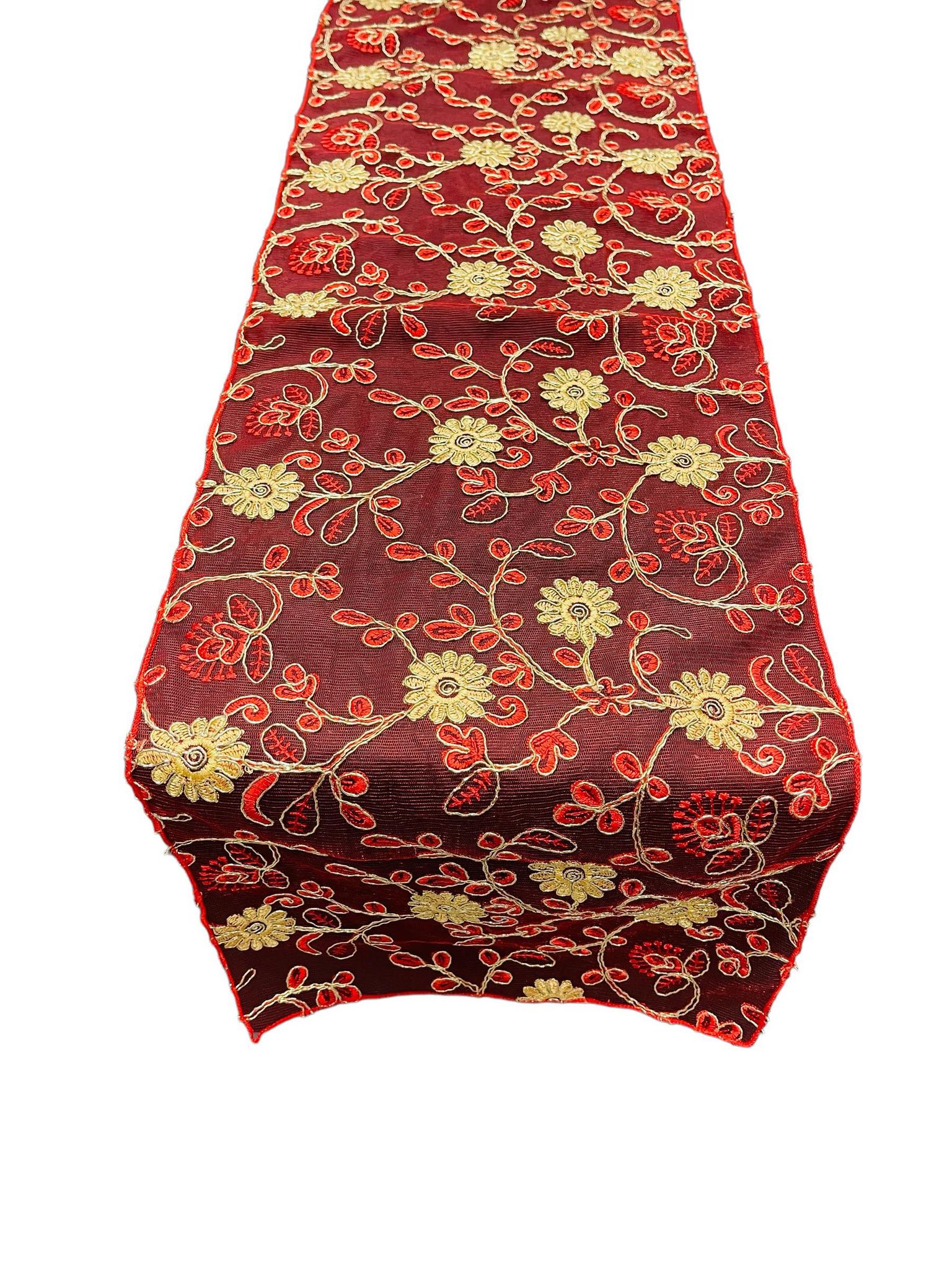 12" x 90" Metallic Flower Table Runner - Gold / Red - Fancy Runner for