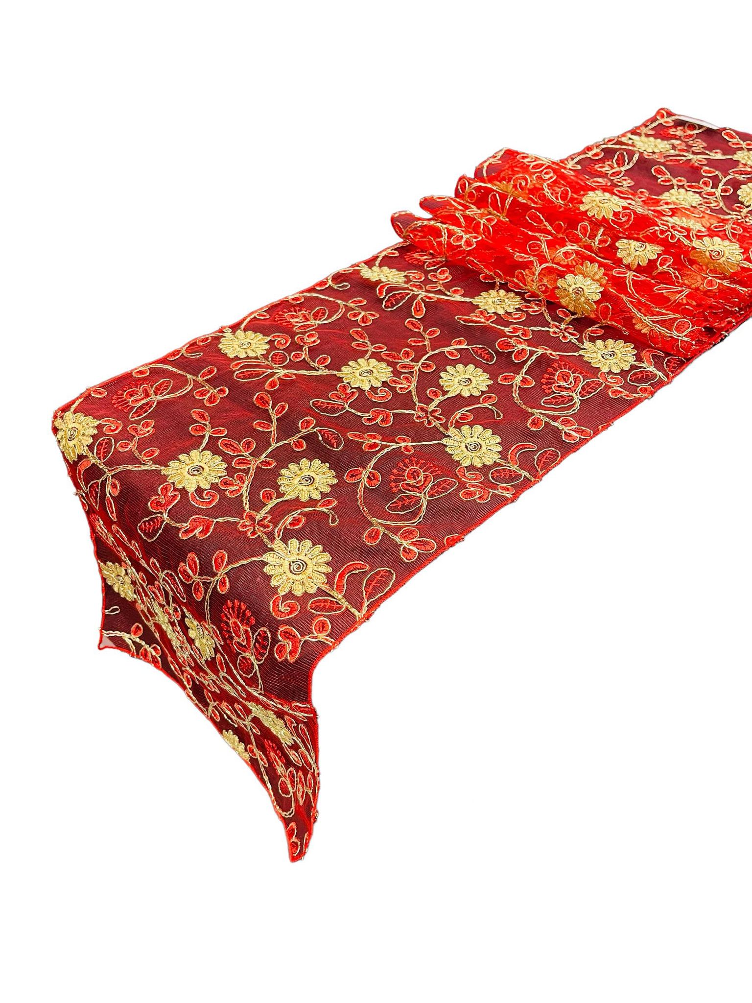 12" x 90" Metallic Flower Table Runner - Gold / Red - Fancy Runner for