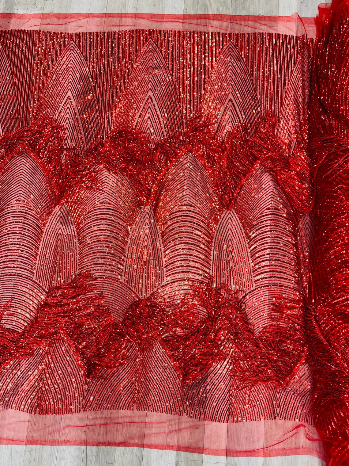 Fringe Sequins Fabric - Red - 2 Way Stretch Glamorous Fringe Design on