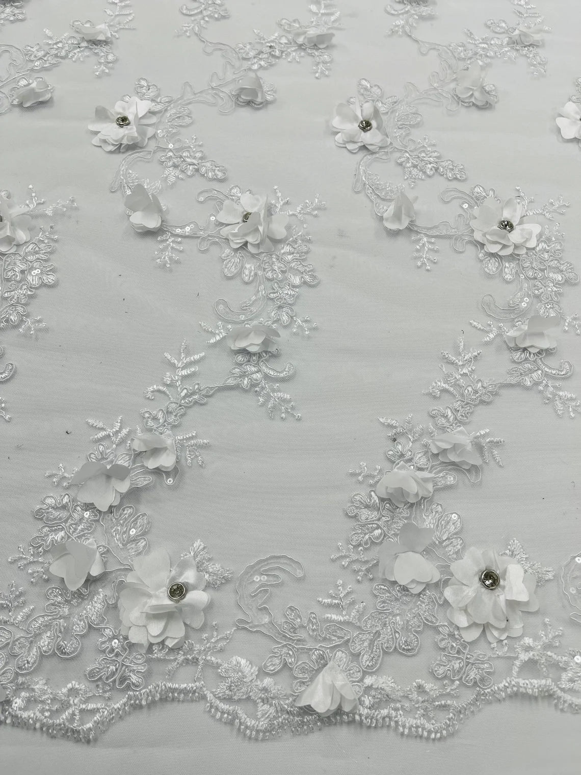 3D Lace Flower Fabric - White - Embroidered Sequins and 3D Floral Patt