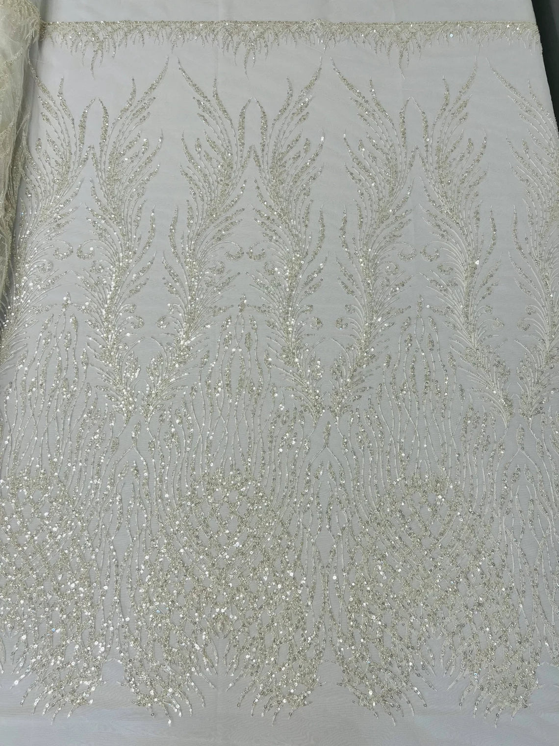 Heart & Feather Pattern Fabric - Ivory - Embroidered Elegant Design wi